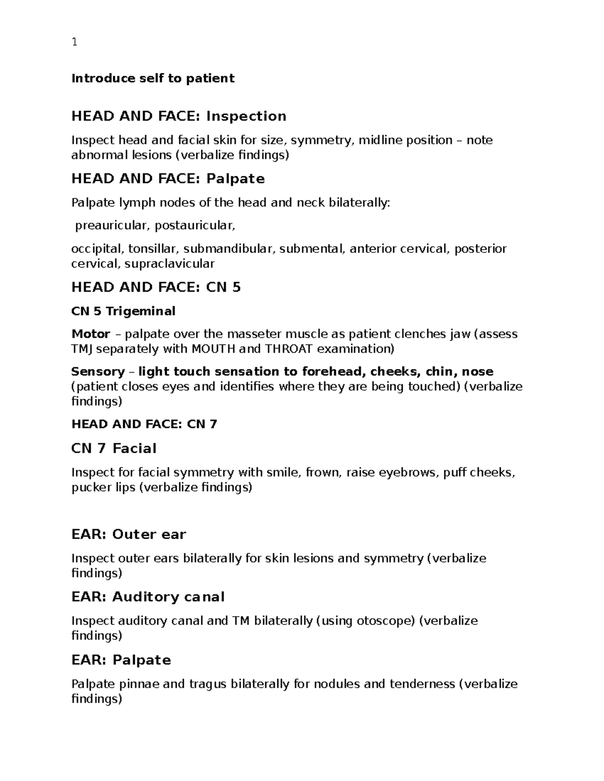 Week 7 interview notes - Introduce self to patient HEAD AND FACE ...
