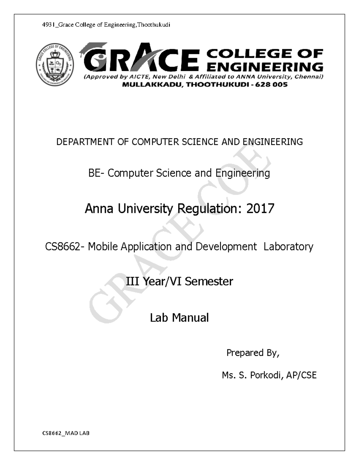 CS8662_MAD LAB: Mobile App Development Lab Manual at Grace College ...