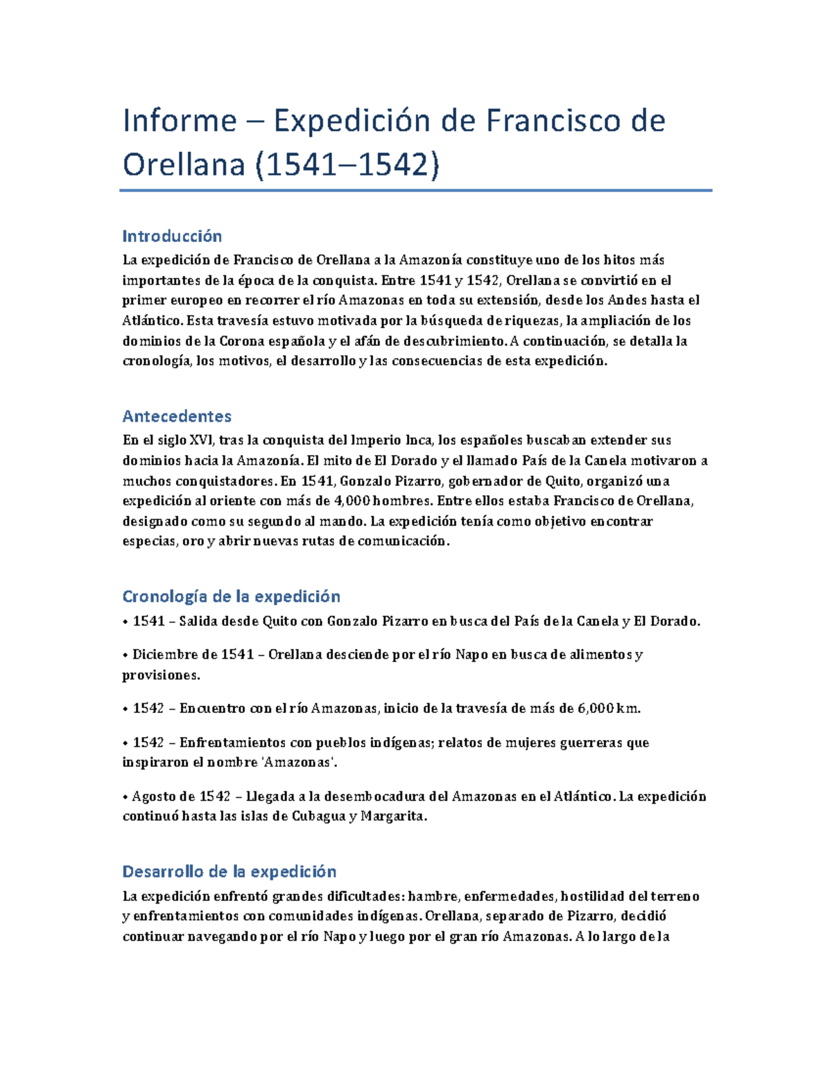 Informe sobre la Expedición de Francisco de Orellana (1541-1542) - Studocu