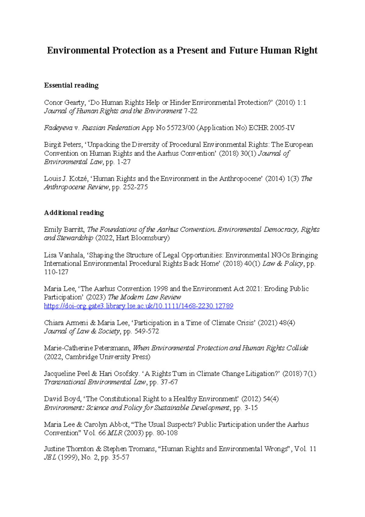 Week 9 WT - Environmental Protection as a Human Right - Studocu