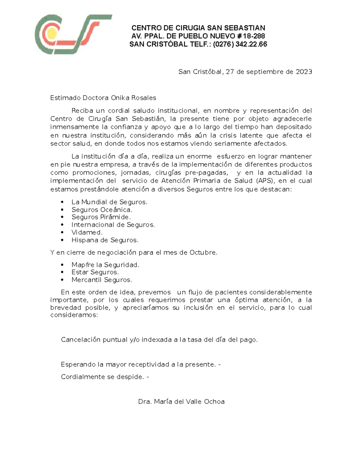 Carta DE APS - ENEFKERIUFM¨KJGH - San Cristóbal, 27 de septiembre de ...