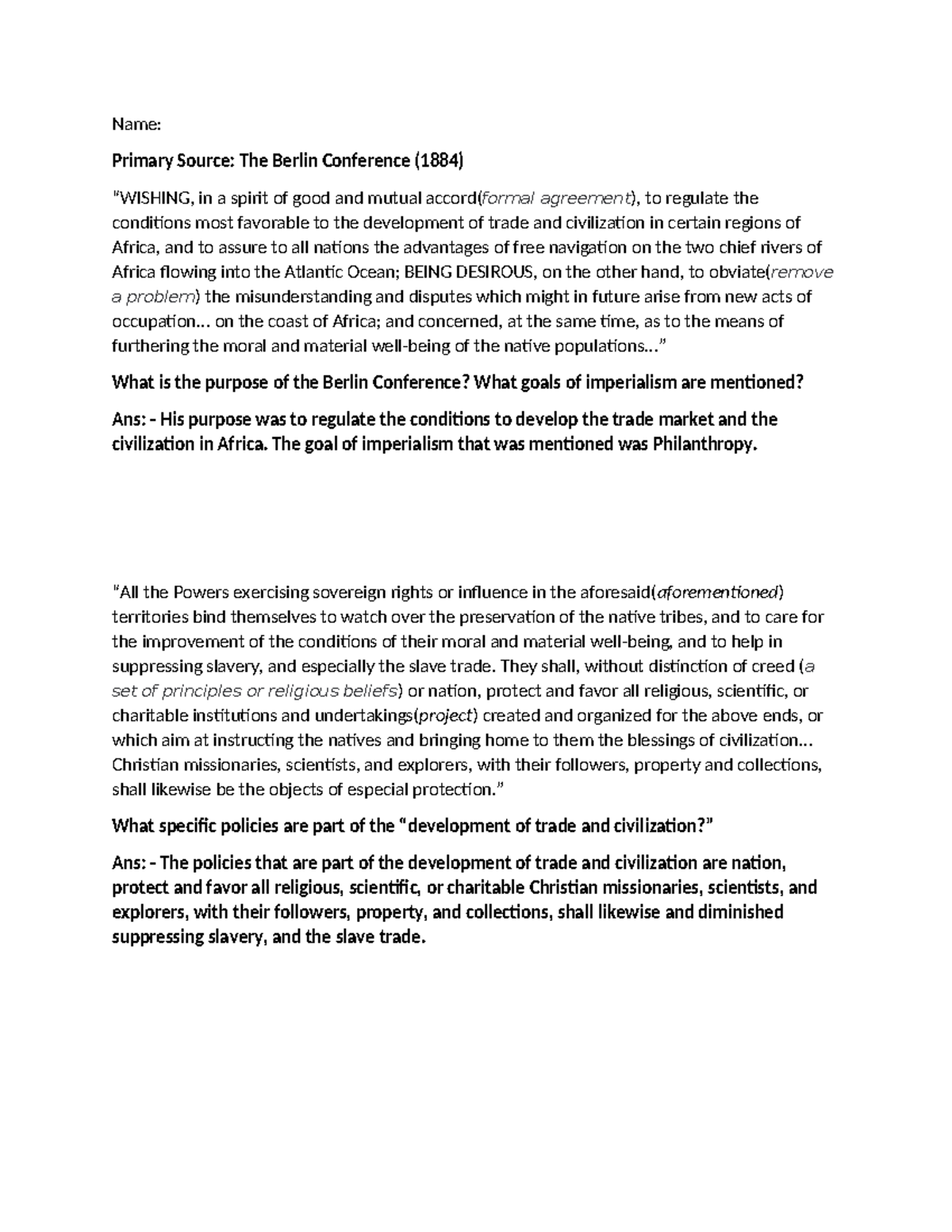 Berlin Conference (1884): Primary Source Analysis on Imperialism - Studocu
