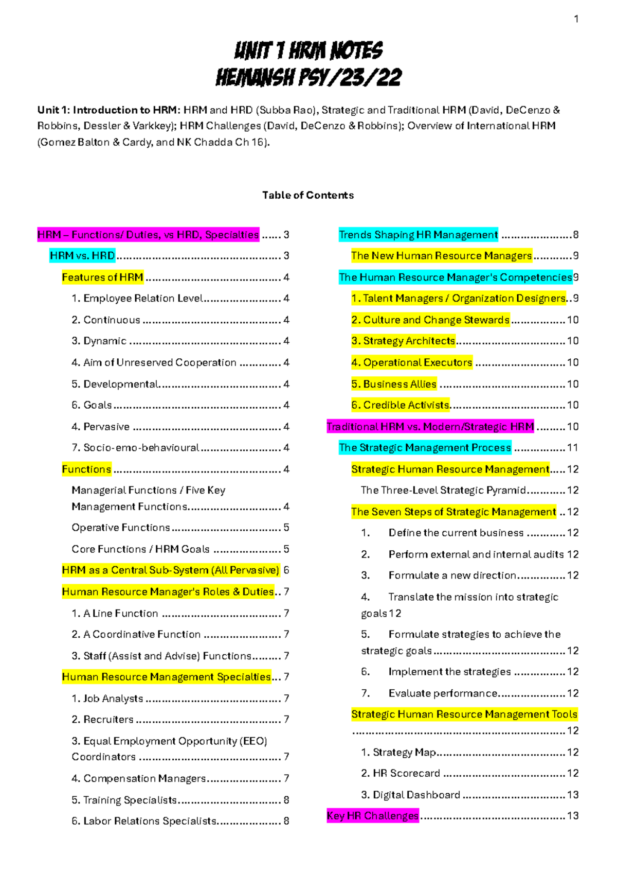 Unit 1 HRM Notes: Introduction to HRM, Strategic vs. Traditional HRM ...