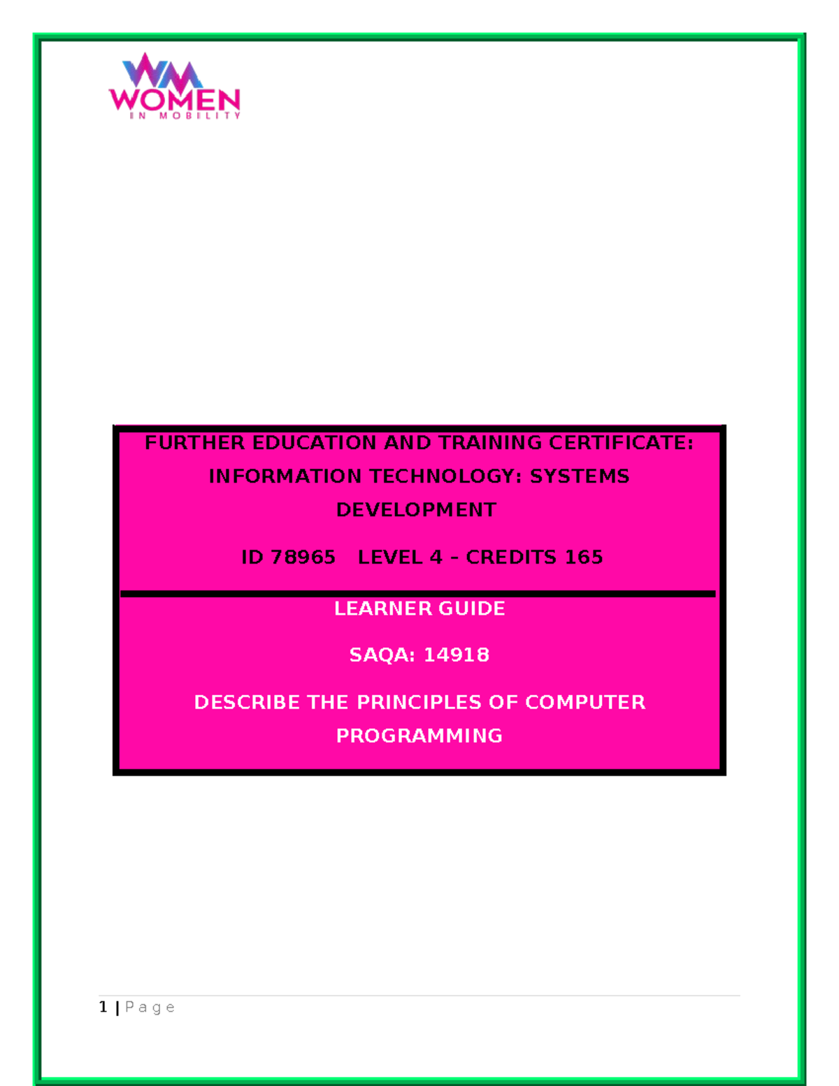 SAQA 14918 - Principles of Computer Programming: Learner Guide - Studocu