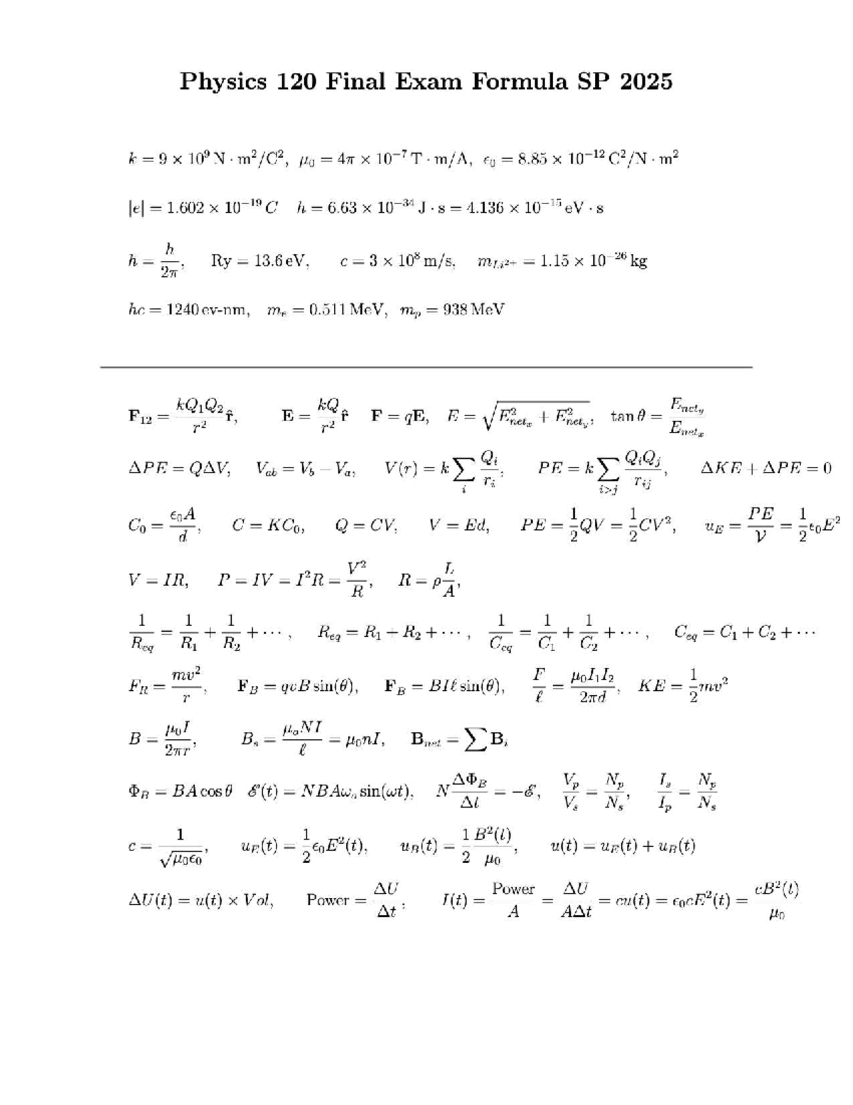 PHYS 120 Final Exam Formula Sheet - SP 2025 Gen Elec-Magnets - Studocu