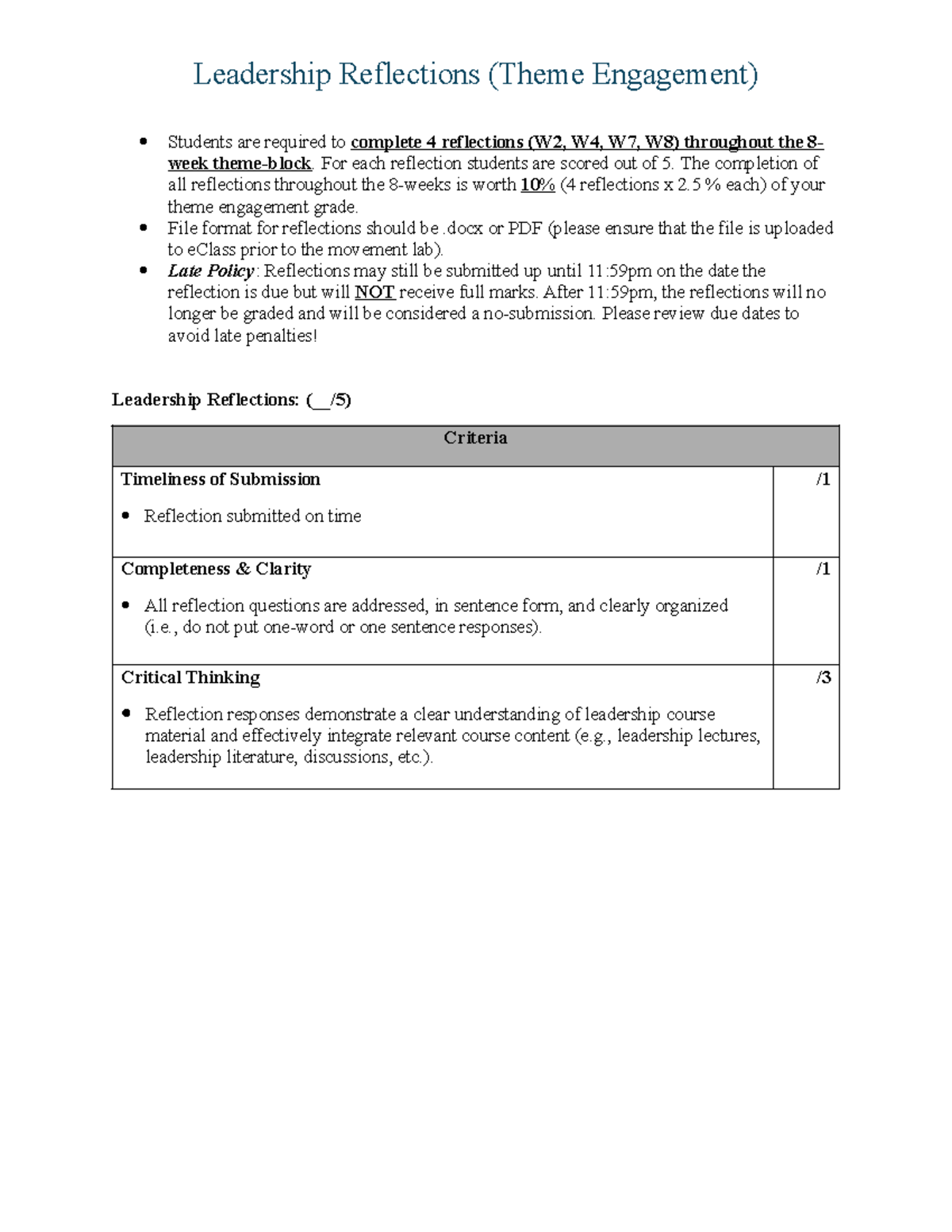 Leadership Reflection Rubric (Theme Engagement) - W2, W4, W7, W8 - Studocu