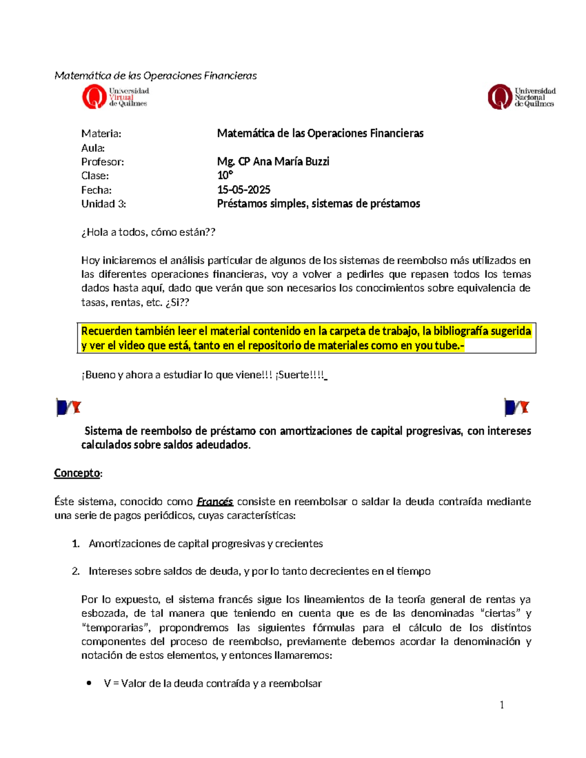 Matemática de las Operaciones Financieras - Clase 10: Sistema Francés ...