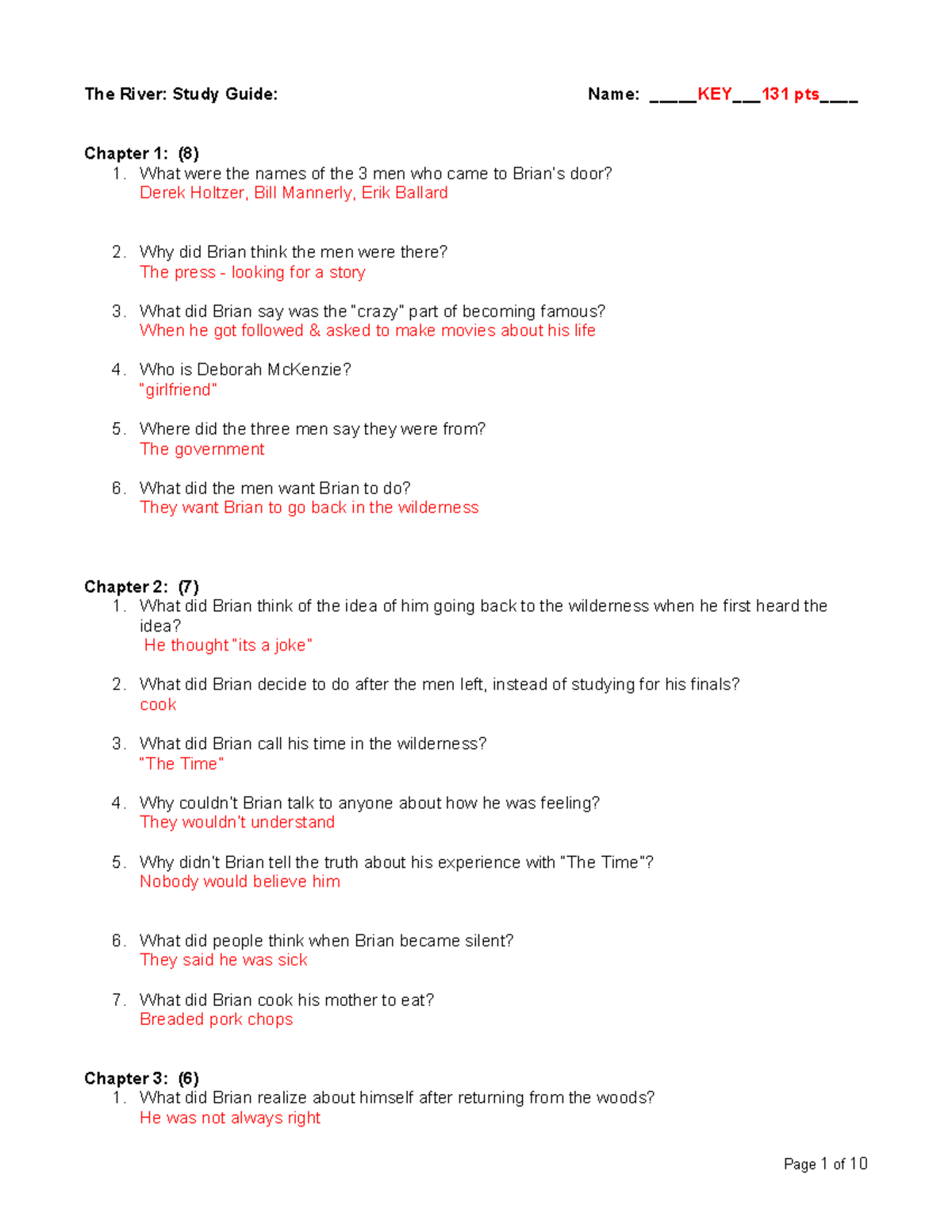 SG KEY - The River - Gary Paulsen novels - The River: Study Guide: Name ...