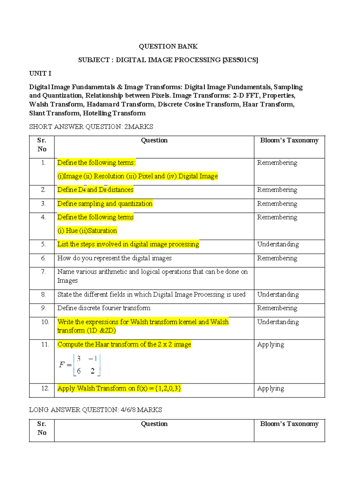 Dip imp sem - sfsfsdfddddddddddddddd - QUESTION BANK SUBJECT : DIGITAL IMAGE PROCESSING ...