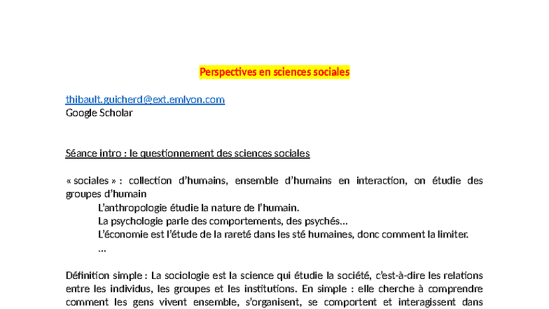PSS - Notes de Cours sur les Perspectives en Sciences Sociales - Studocu