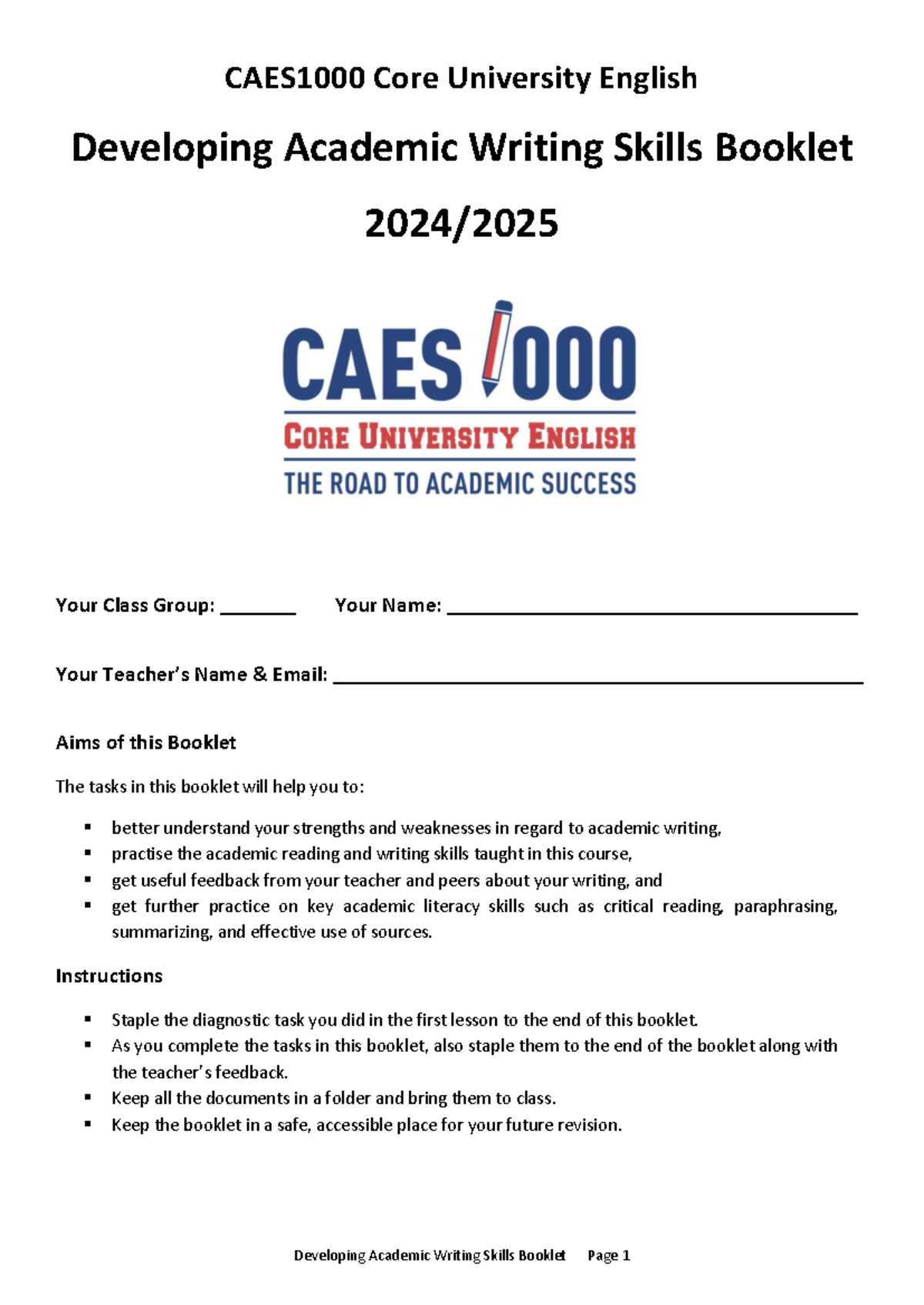 CAES1000 Developing Academic Writing Skills Booklet (2024-25) - Studocu