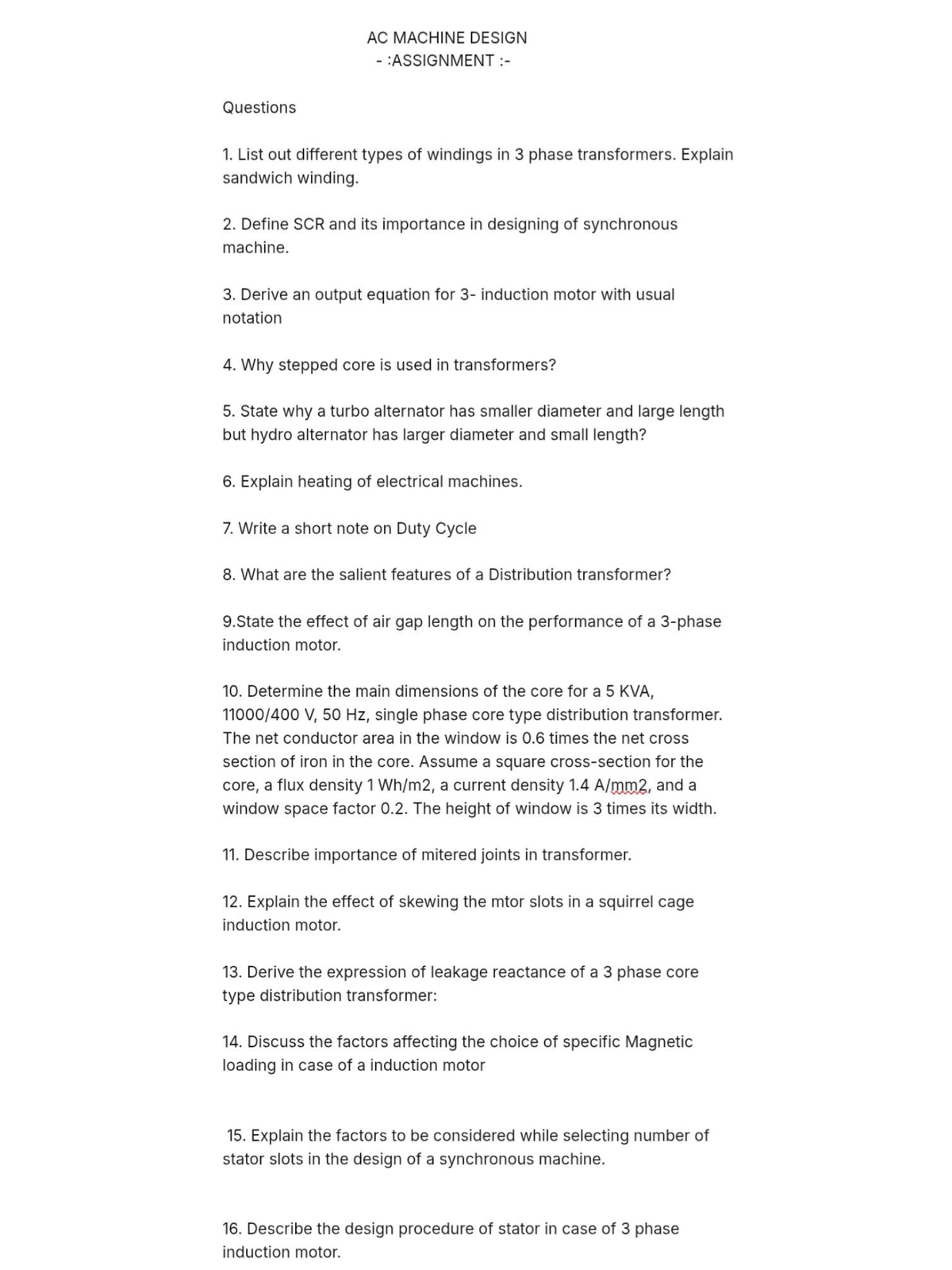 AC MACHINE DESIGN: ASSIGNMENT Questions & Key Concepts - Studocu