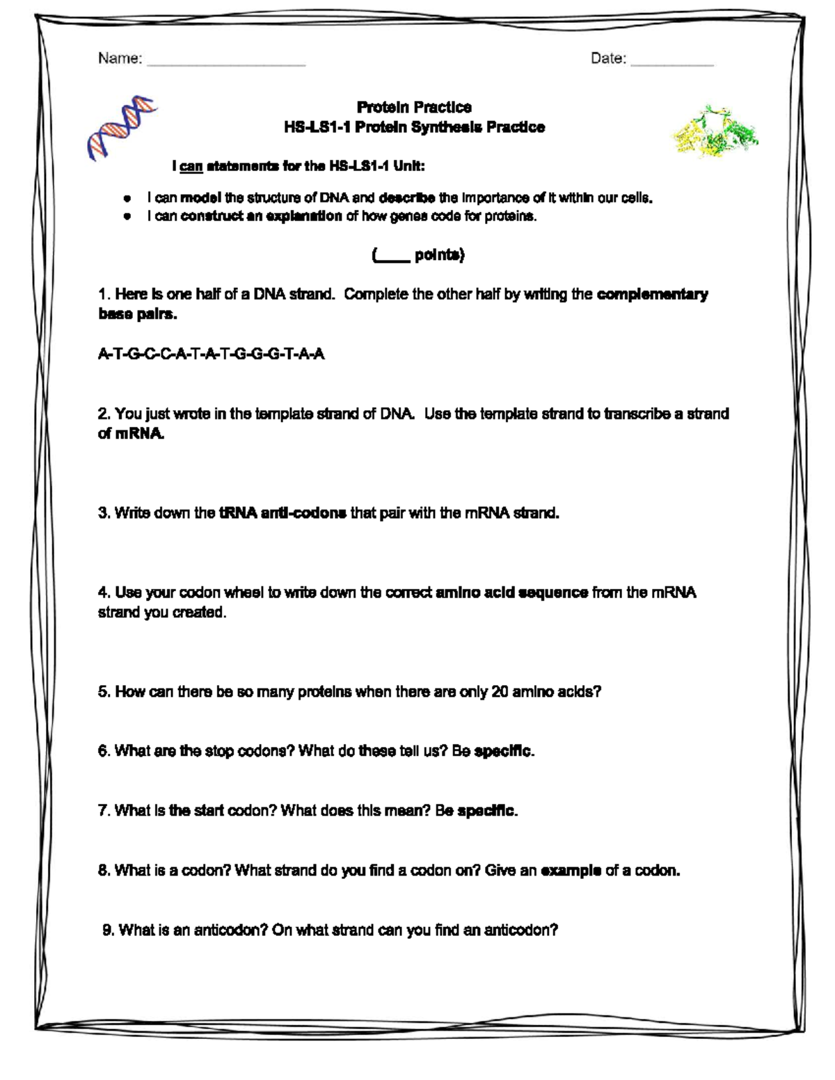BIO101 Protein Synthesis Practice Worksheet - Studocu