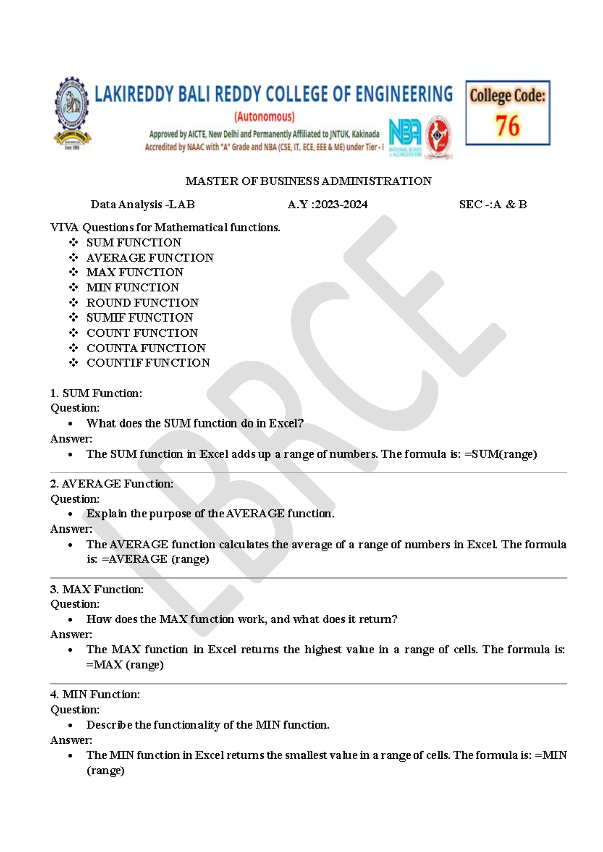 VIVA Questions for Data Analysis Lab (MBA) AY 2023-2024 - Studocu
