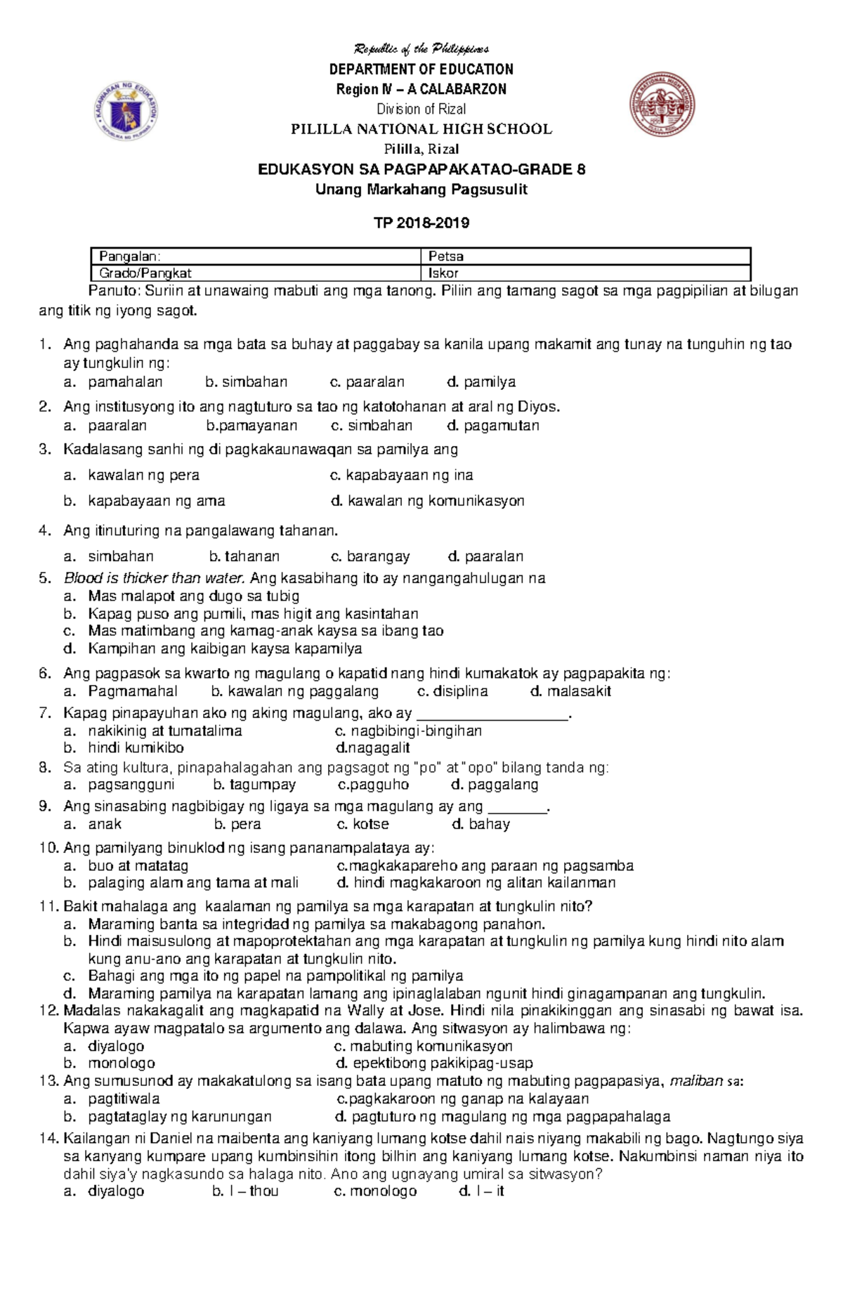 Esp-grade-8-periodical-exam compress - Republic of the Philippines ...