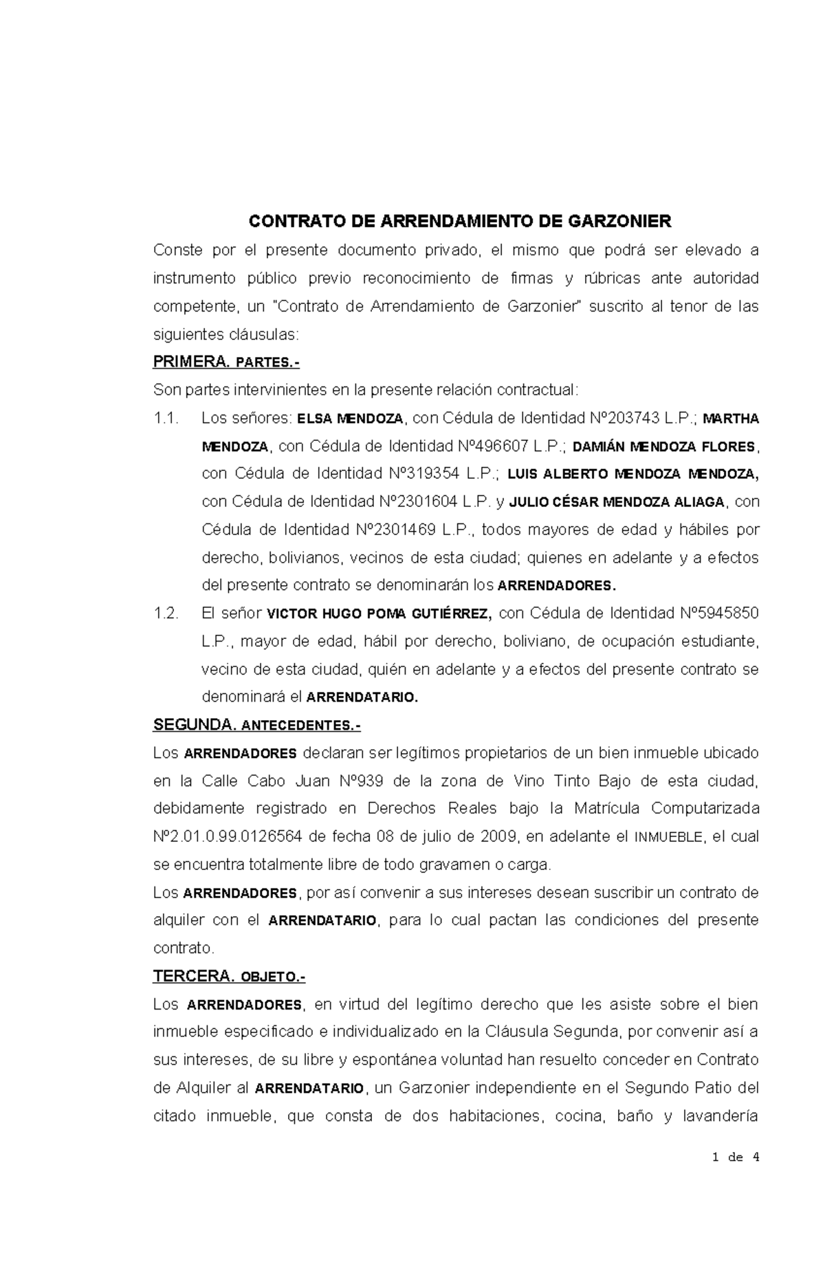 Contrato de Arrendamiento de Garzonier - Documento PRIV Alquiler - Studocu