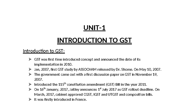 UNIT 1: Introduction to GST - Overview and Key Concepts - Studocu