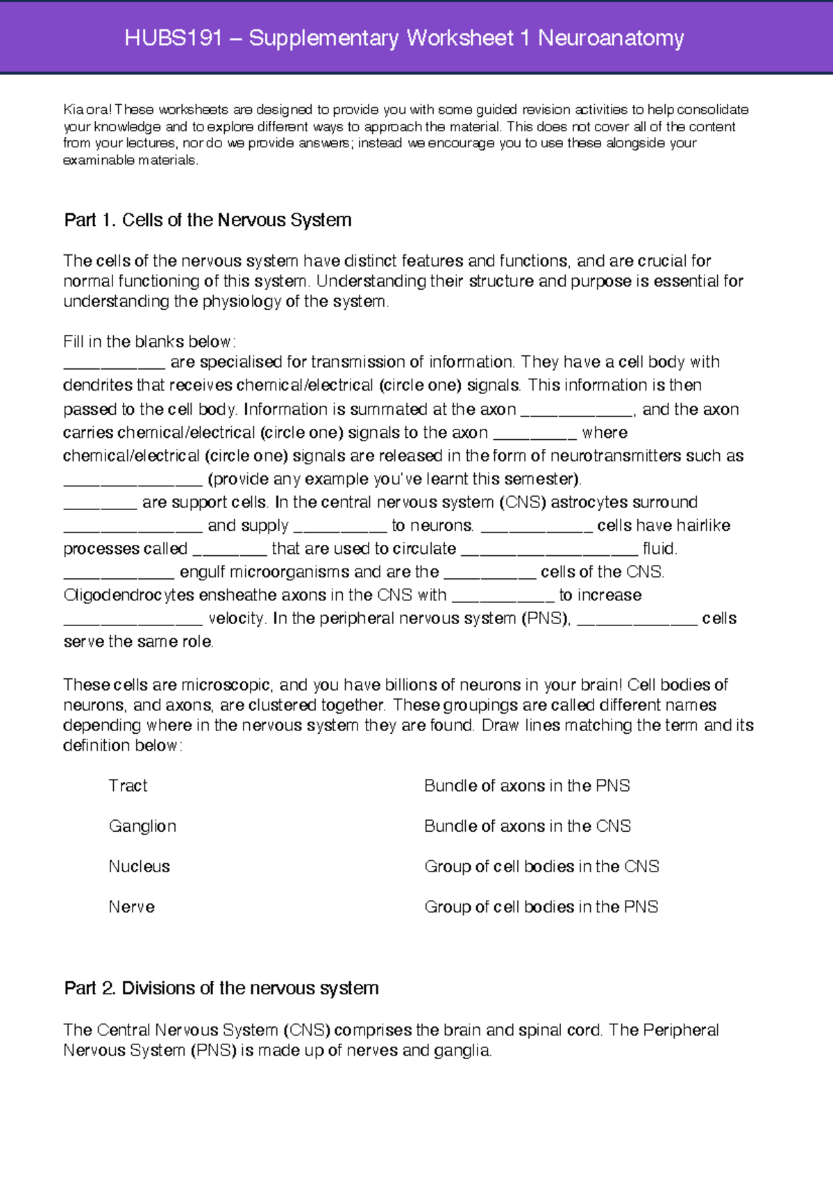 HUBS191 Neuroanatomy Supplementary Worksheet 1: Guided Revision ...