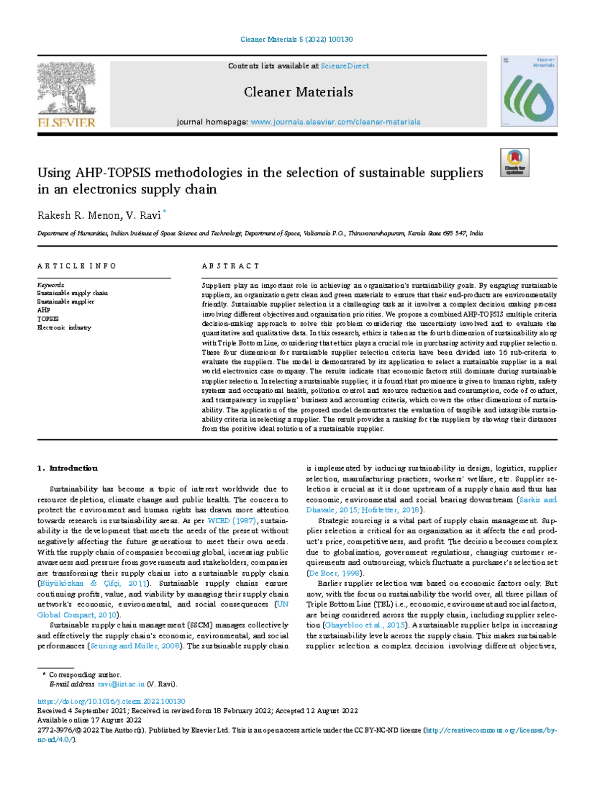 Sustainable Supplier Selection in Electronics Supply Chain (MGT 2022 ...