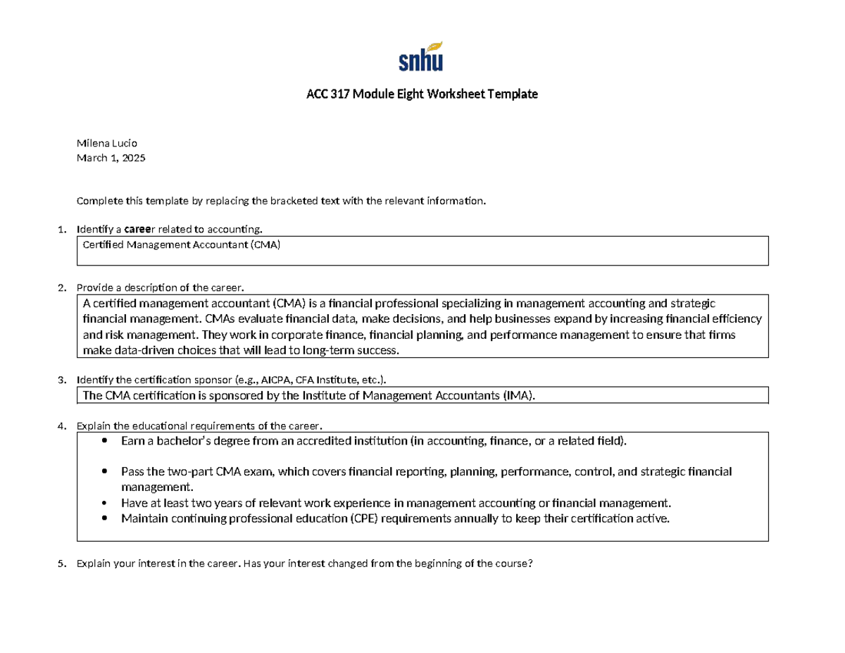 ACC 317 Module Eight Worksheet Template - ACC 317 Module Eight ...