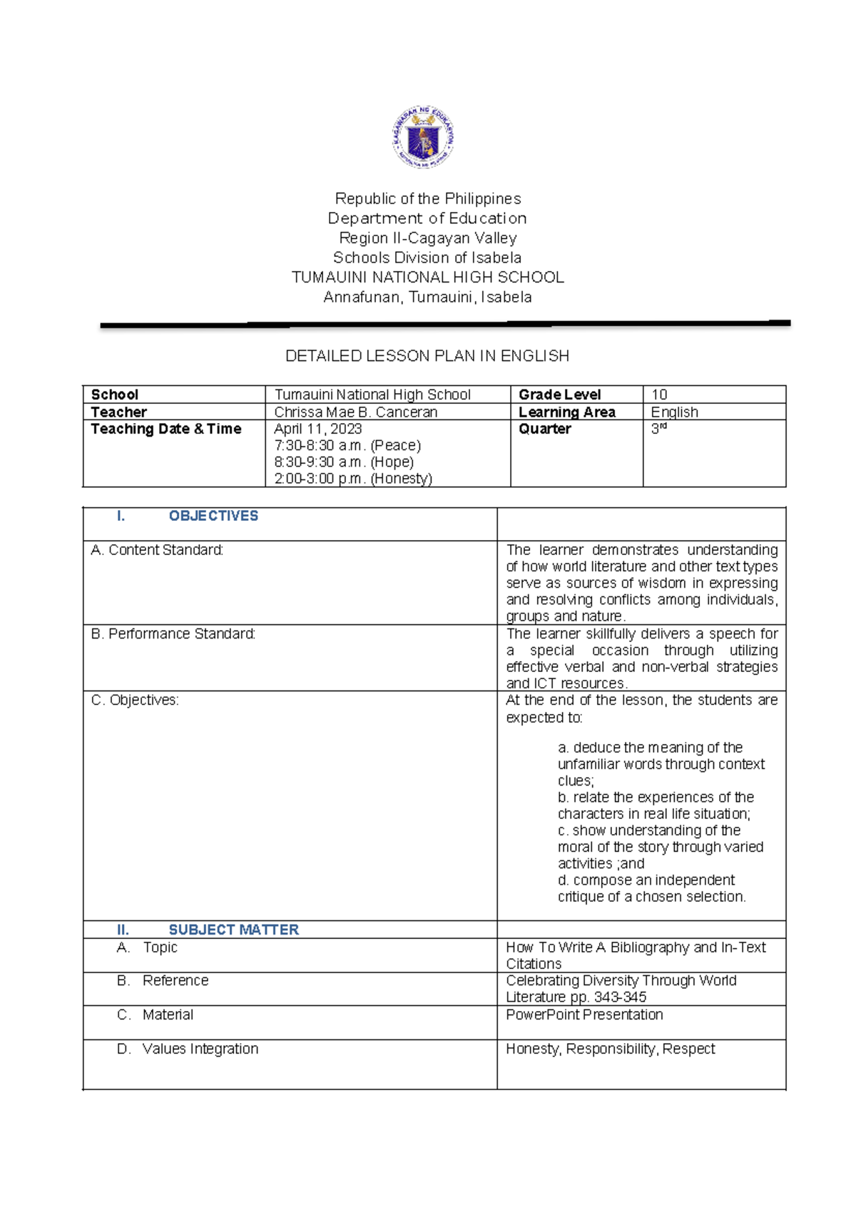 DLP 7 - The Last Leaf: Comprehensive Lesson Plan for Grade 10 - Studocu