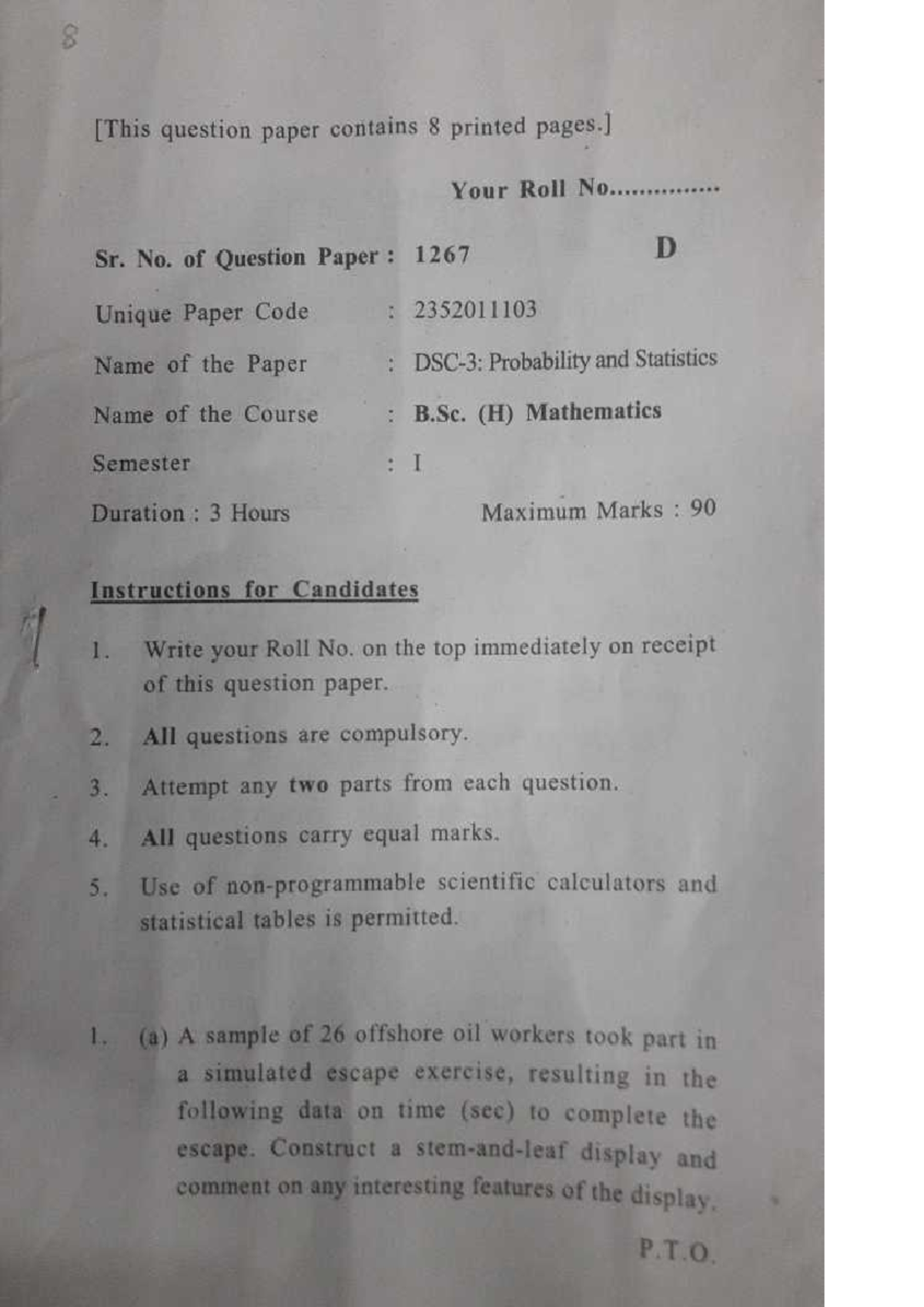 B.Sc. (H) Mathematics Semester I PYQ: Probability and Statistics 2022-2023 - Studocu