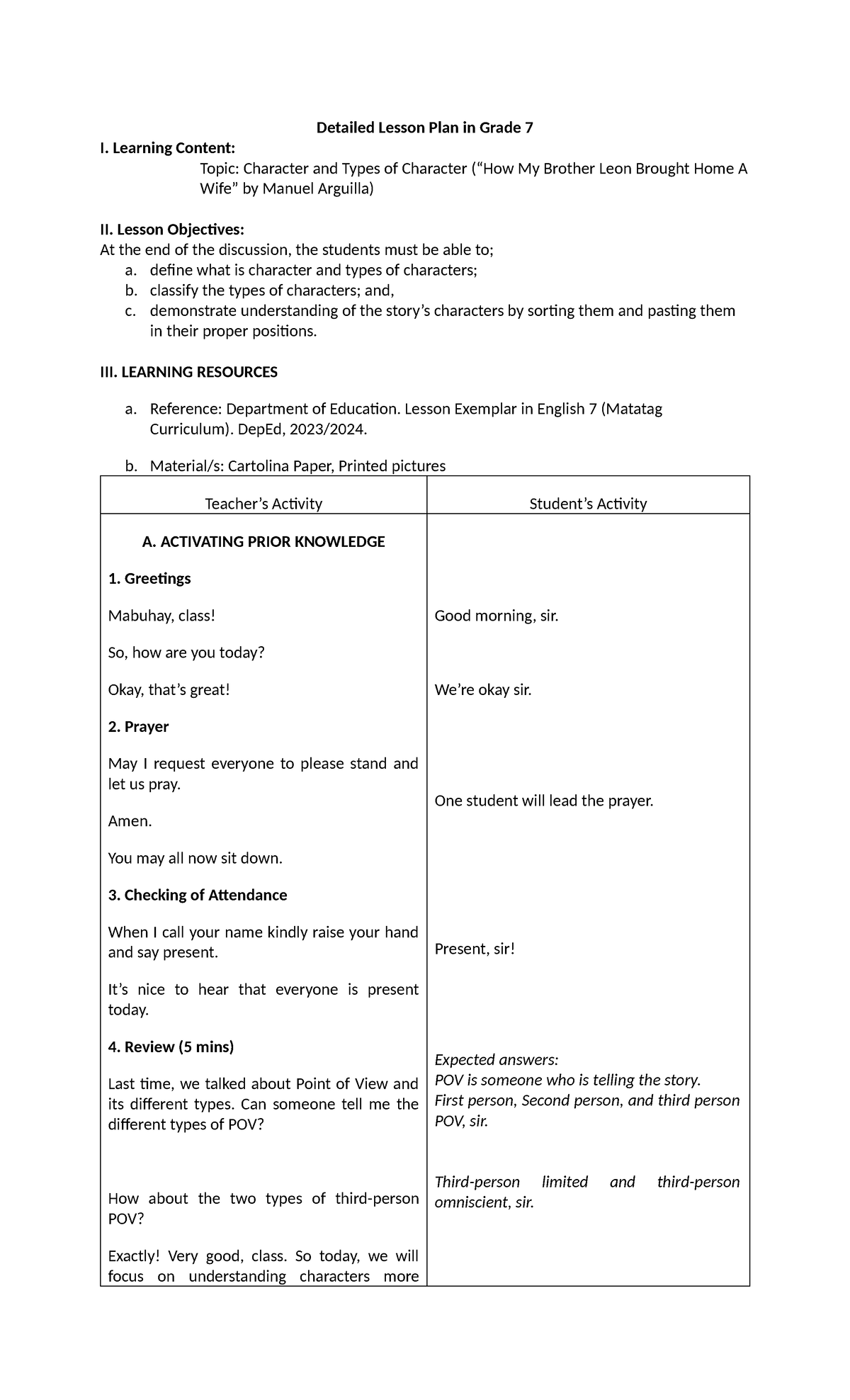 Detailed Lesson Plan: Understanding Characters in My Brother Leon ...