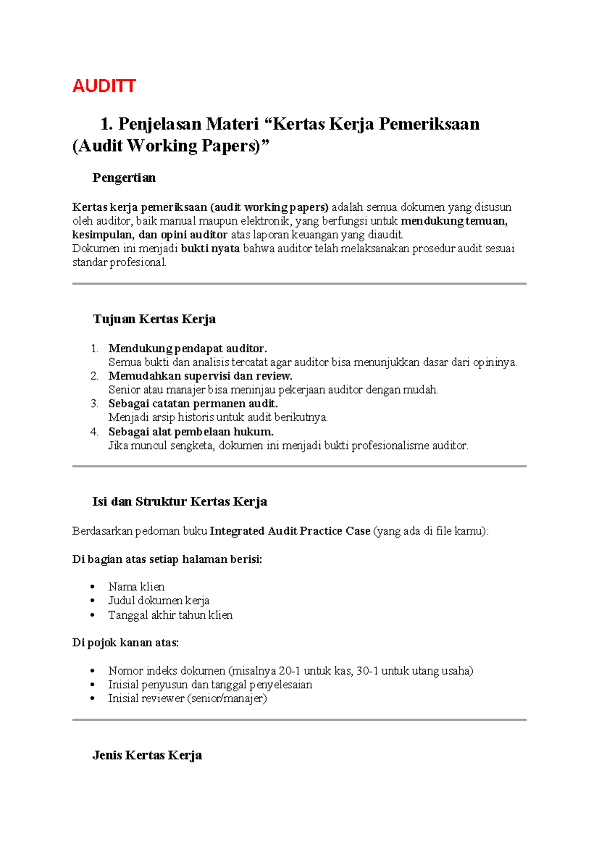 AUDITT: Penjelasan Kertas Kerja Audit dan Jenis-Jenisnya - Studocu