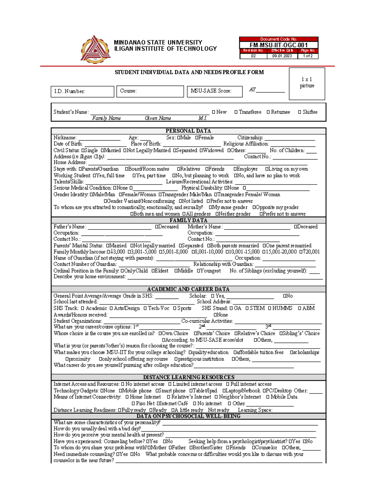 FM-MSU-IIT-OGC-001 Student Individual Data & Needs Profile Form - Studocu
