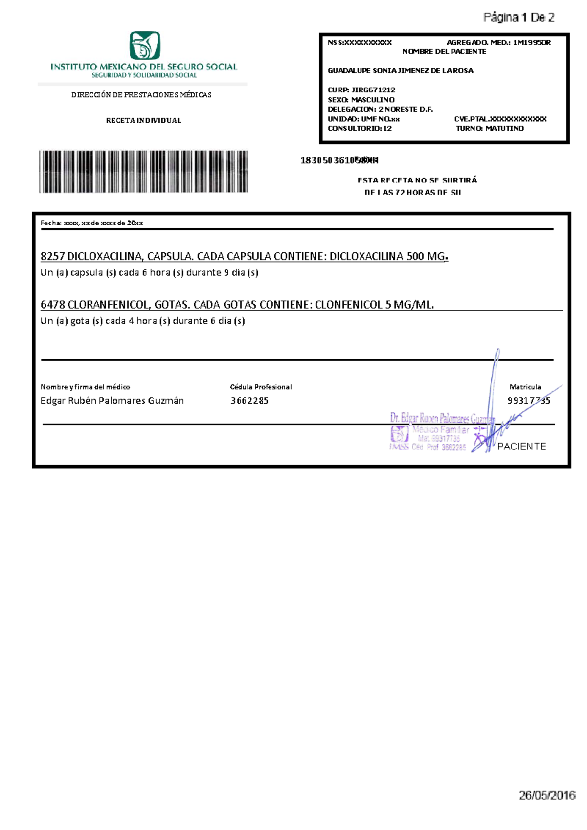 Receta Individual IMSS para Prácticas Médicas 183050361058XH - Studocu