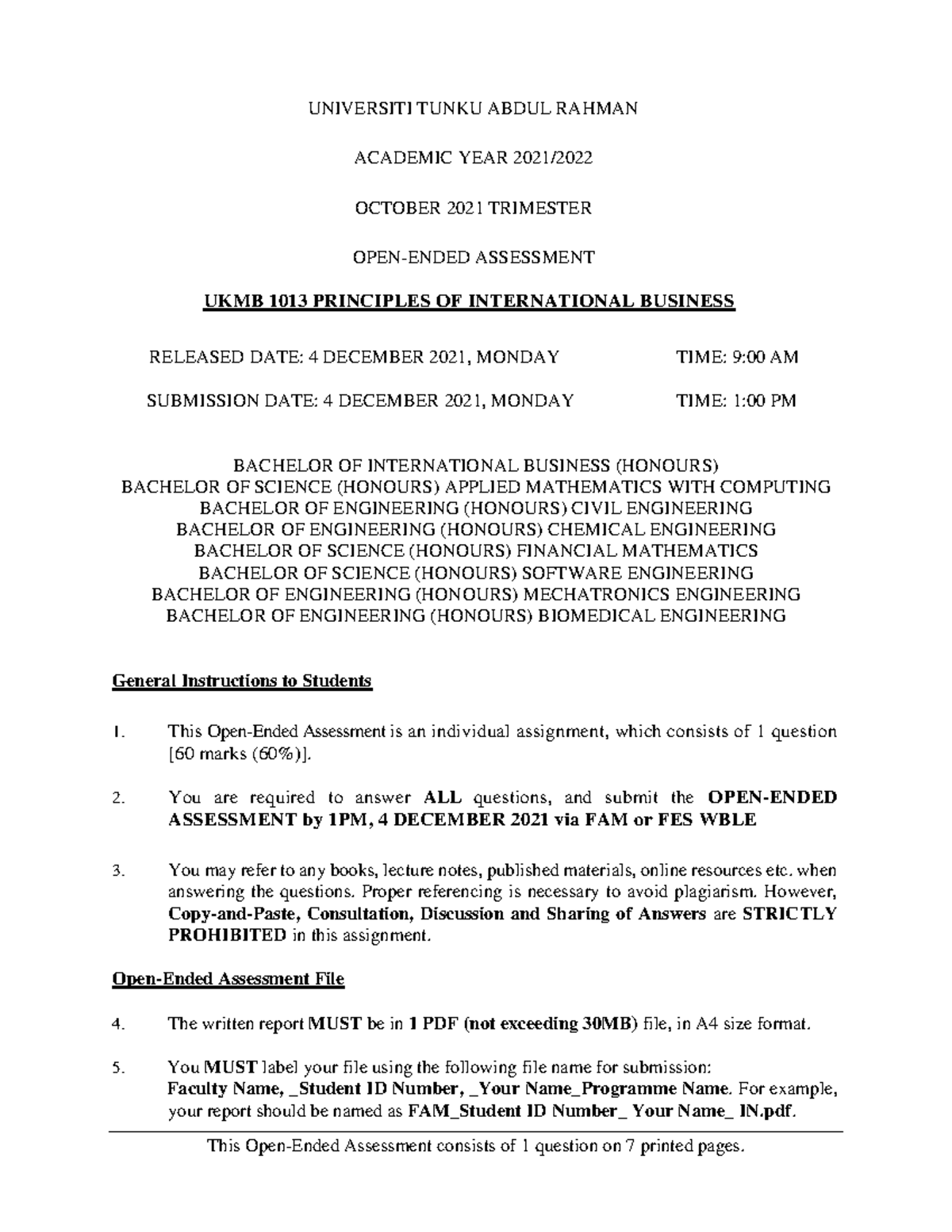 Open-ended assessment - Question Paper - UNIVERSITI TUNKU ABDUL RAHMAN ...