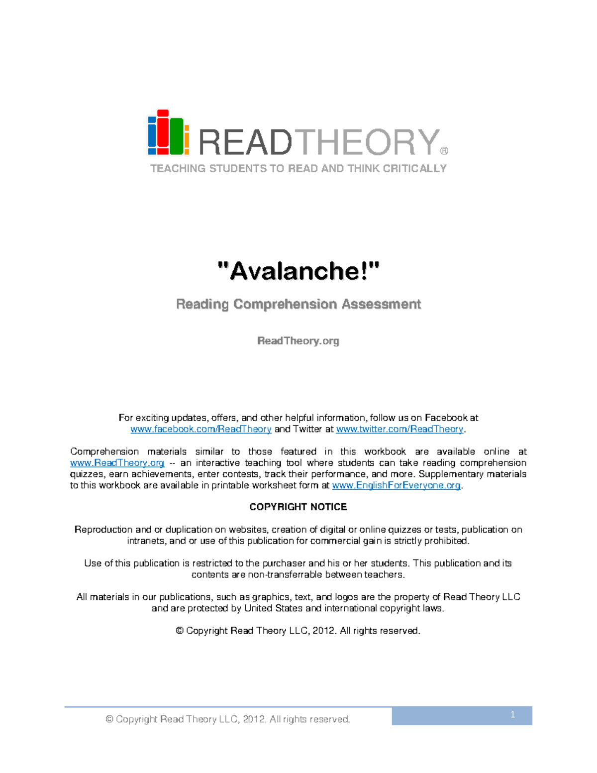 READTHEORY G9 Reading Comprehension Assessment: Avalanches Explained ...