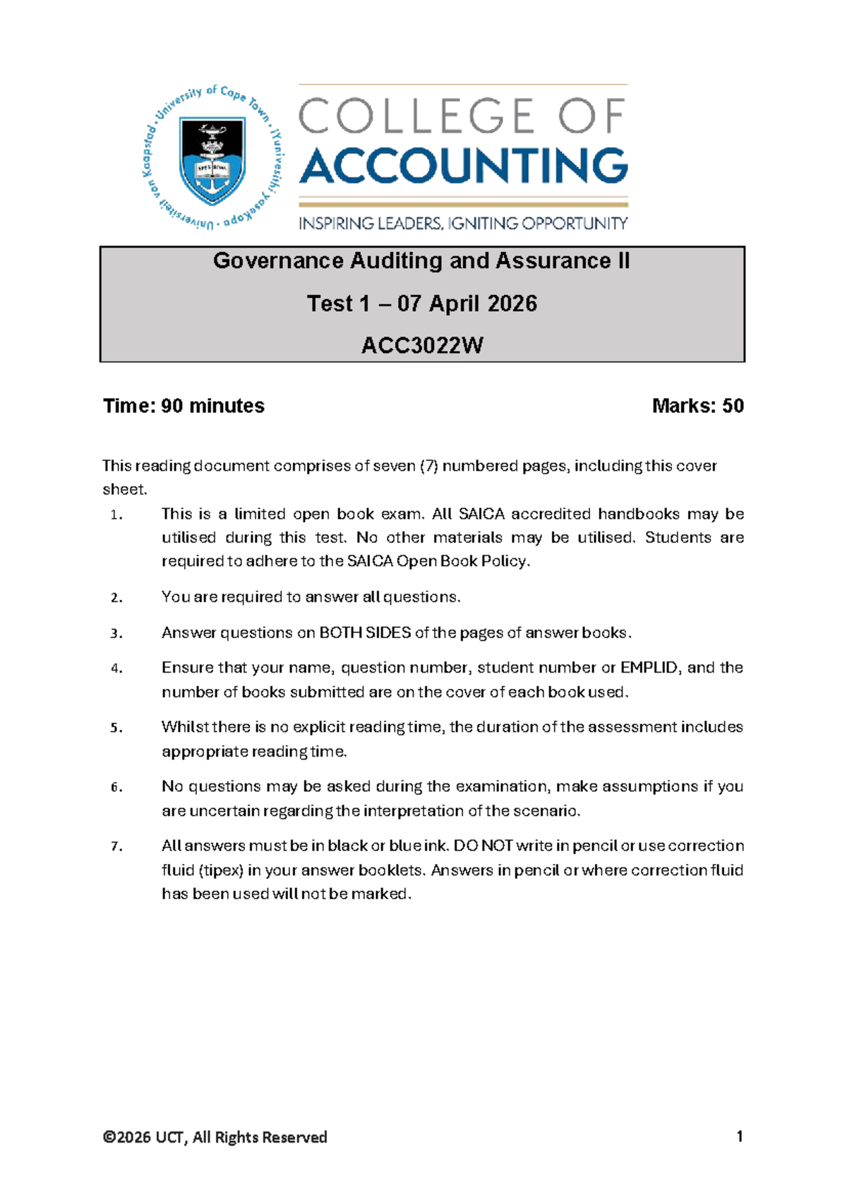 ACC3022W Governance Auditing and Assurance II Test 1 - 07 April 2026 ...