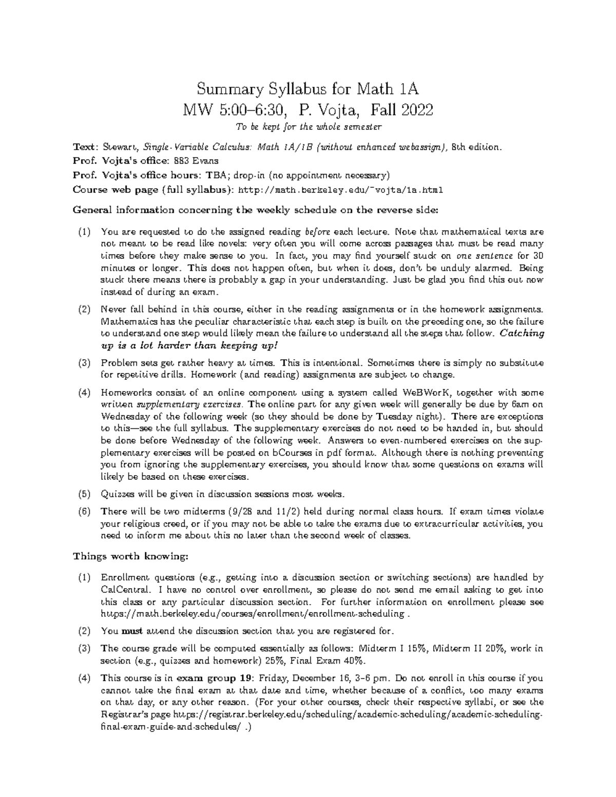 Math 1A Syllabus: Fall 2022 Overview and Weekly Schedule - Studocu