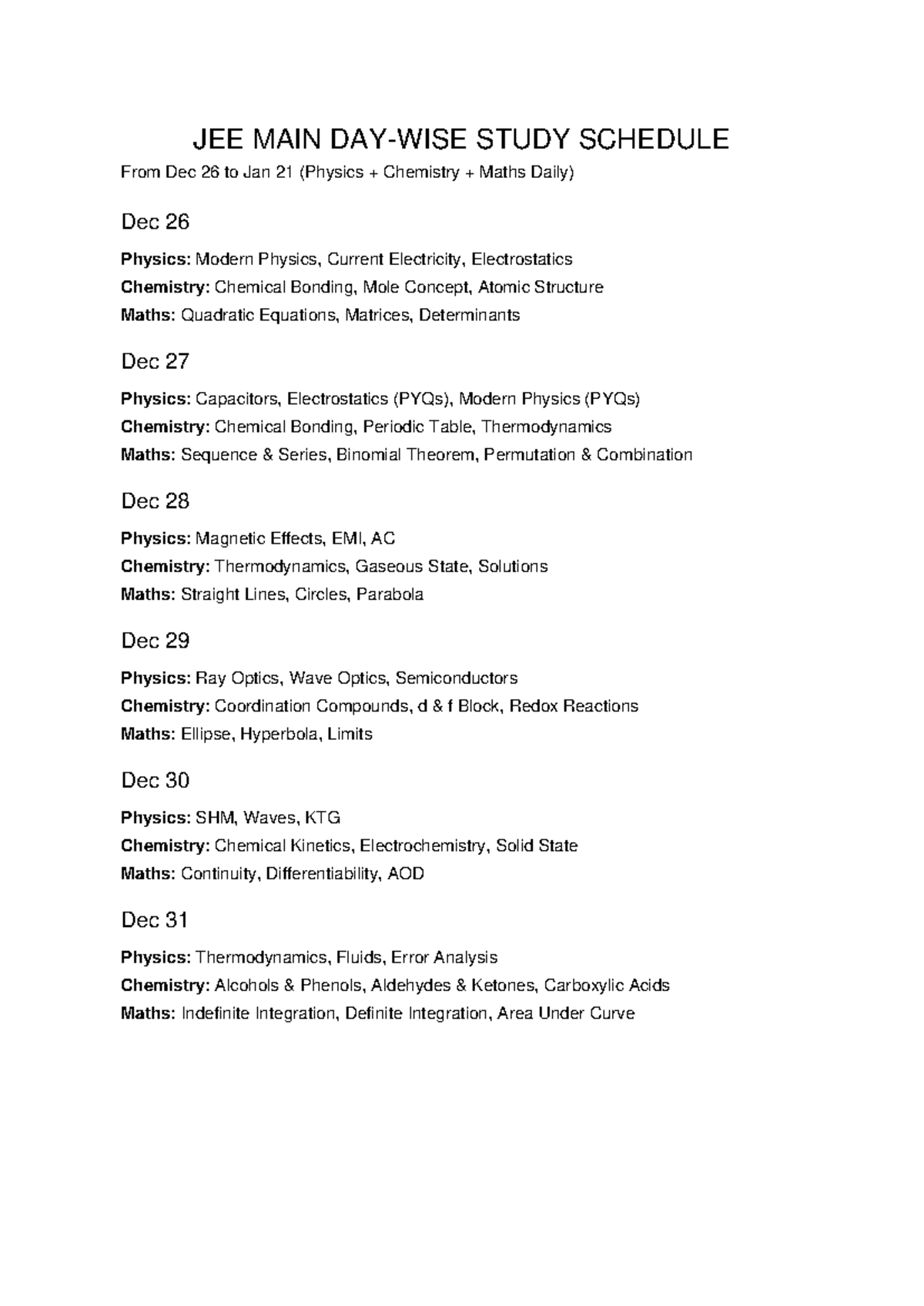 JEE MAIN Daywise Study Schedule: Dec 26 - Jan 21 - Studocu