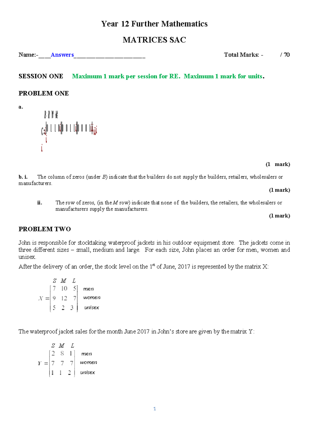 YEAR 12 Further Mathematics MATRICES SAC Solutions - Studocu