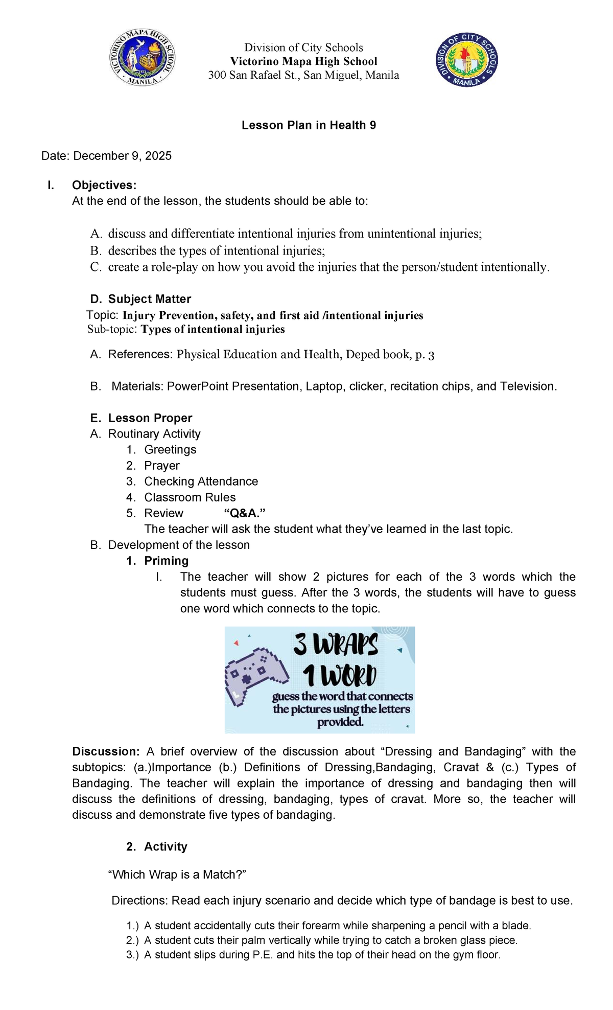 Health 9 Lesson Plan: Injury Prevention & First Aid Techniques - Studocu