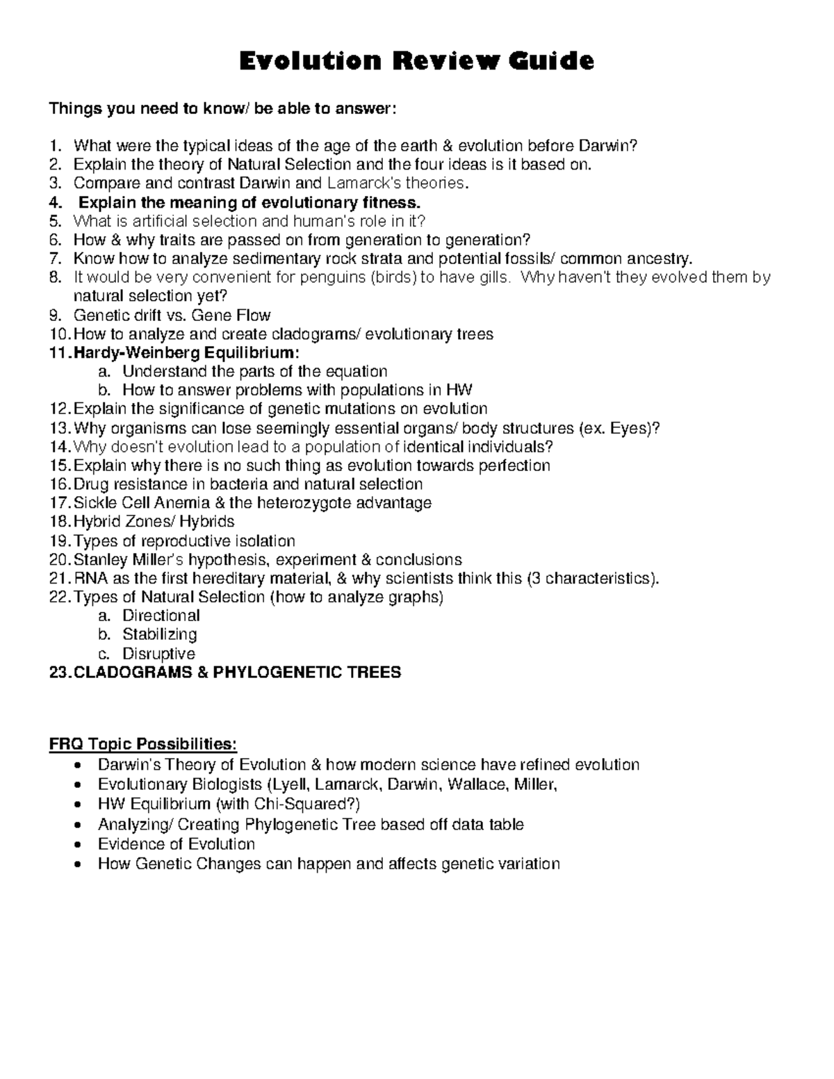 Evolution Study Guide - Evolution Review Guide Things you need to be ...