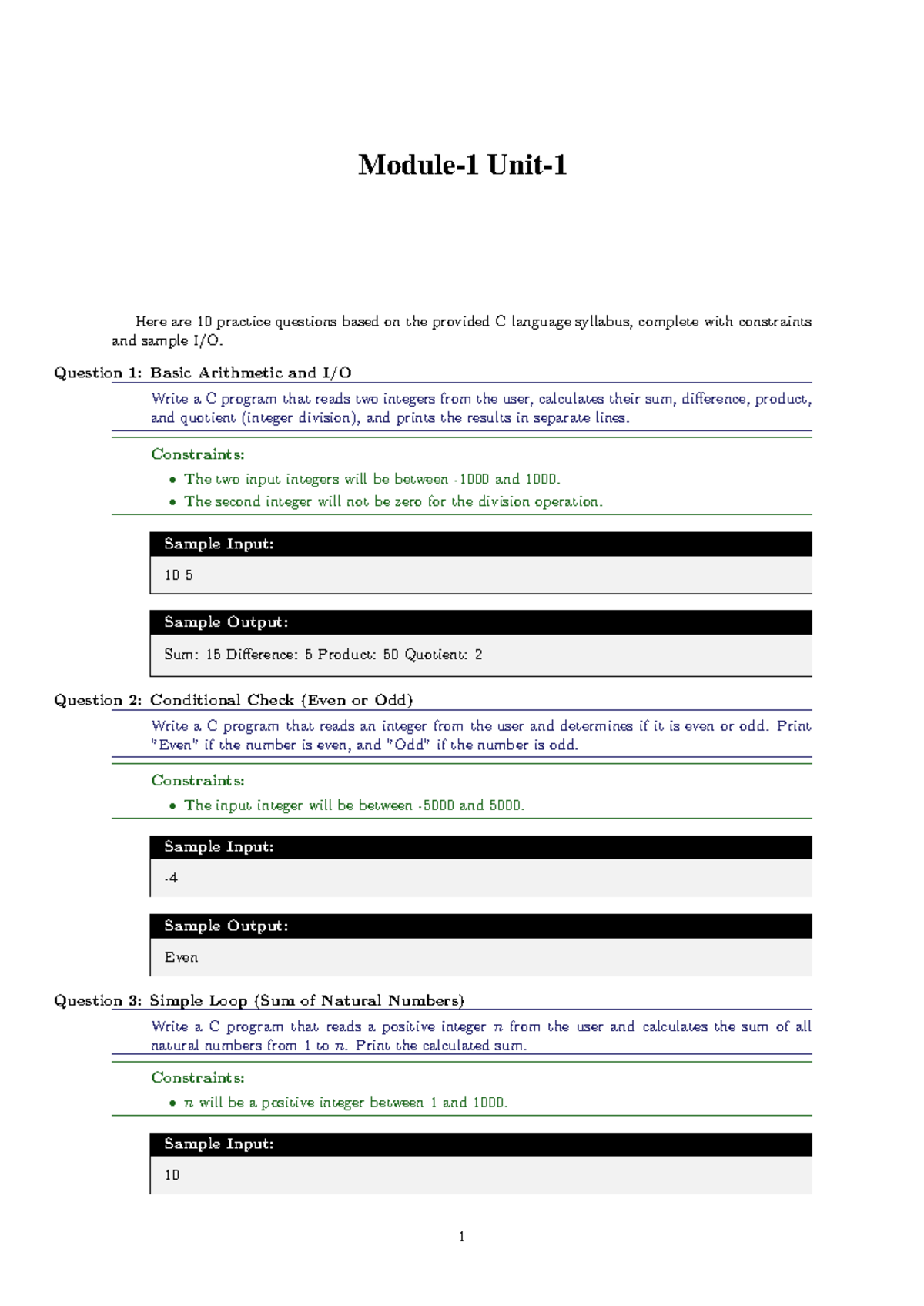 C Programming Practice Questions - Module 2 - Studocu