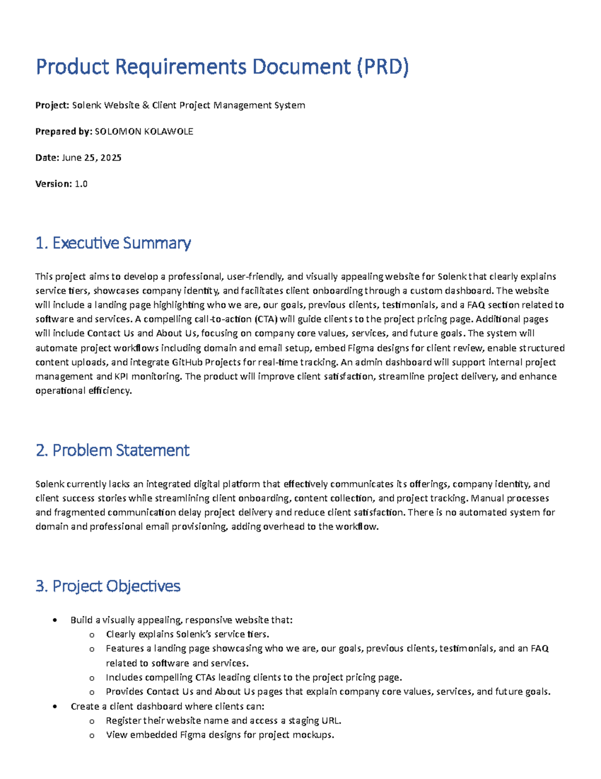 Solenk Website PRD: Client Project Management System Overview - Studocu