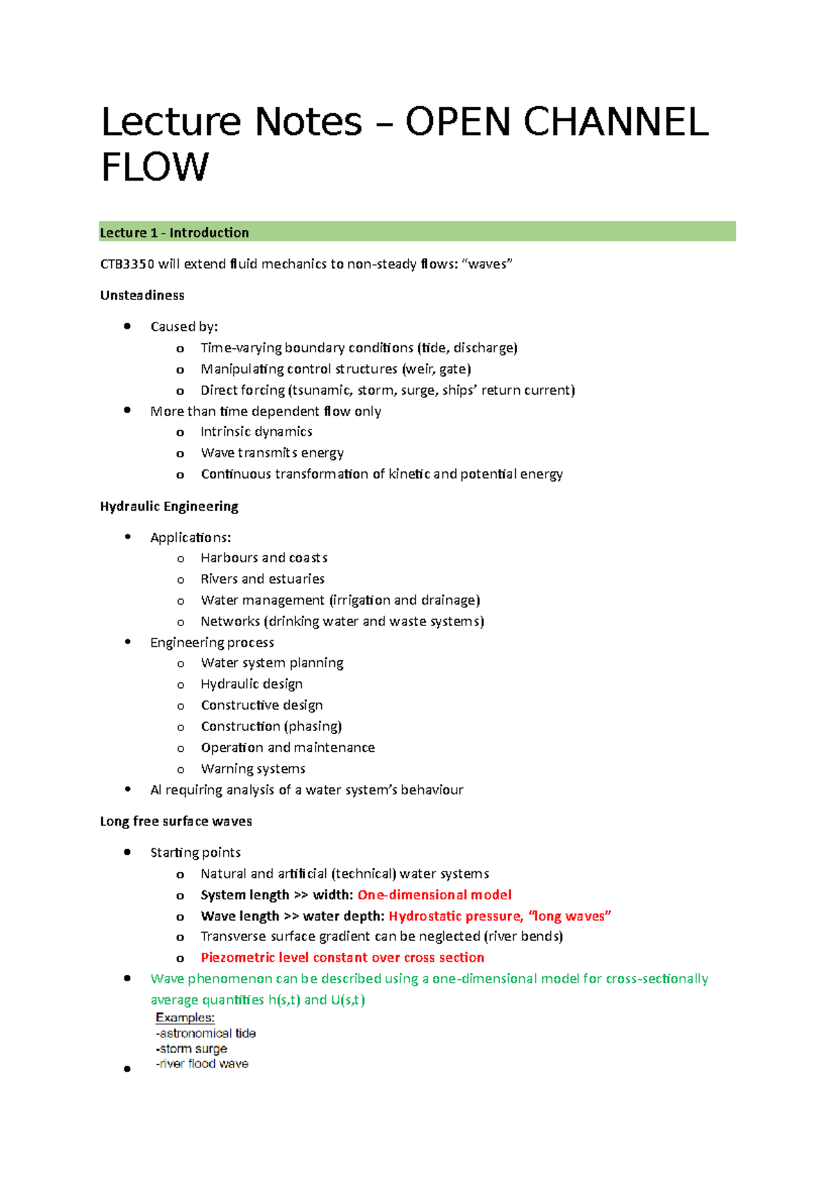 CTB3350 Lecture Notes: Open Channel Flow Fundamentals - Studeersnel