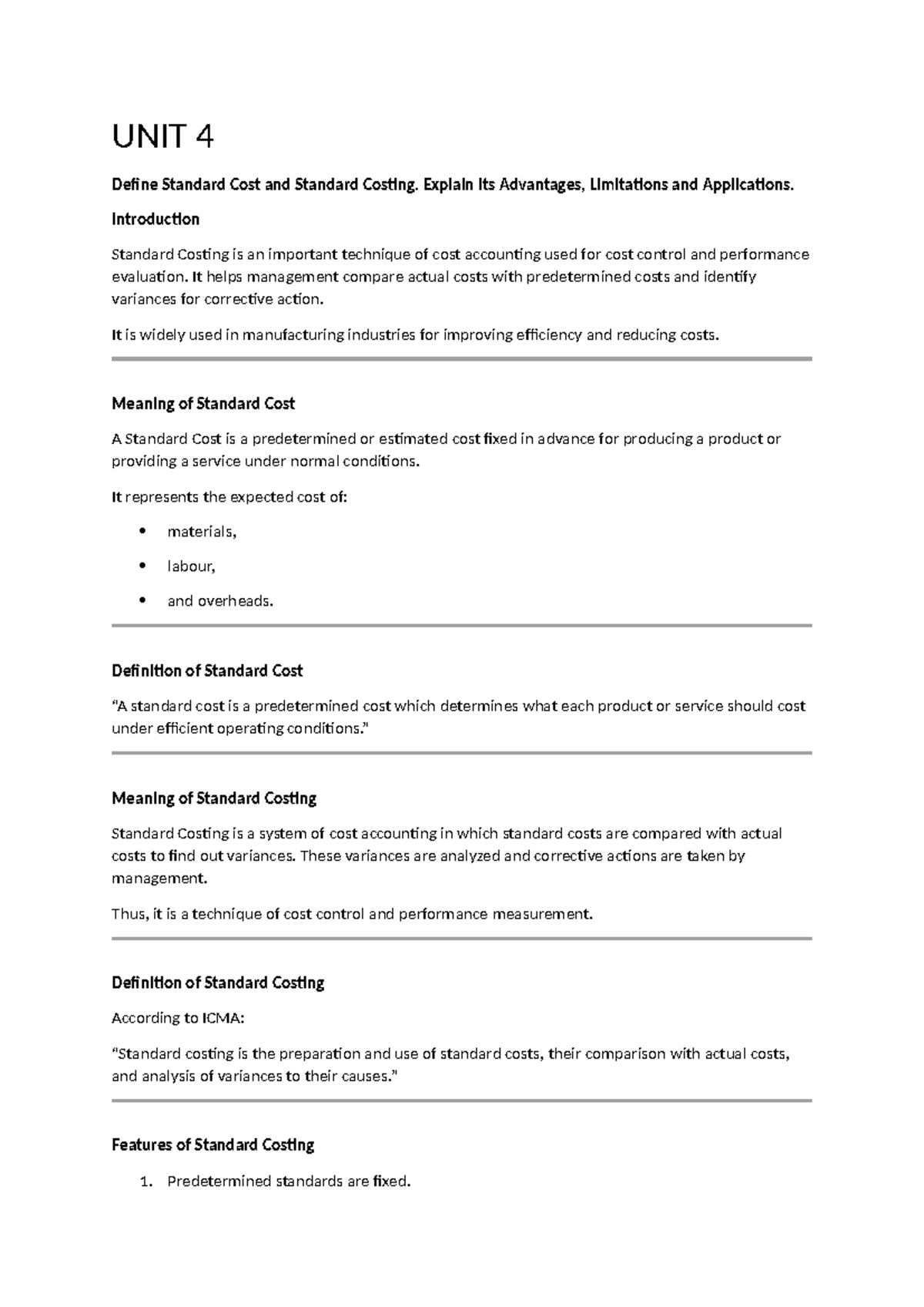UNIT 4 Cost Accounting: Standard Costing, Variances & Applications ...