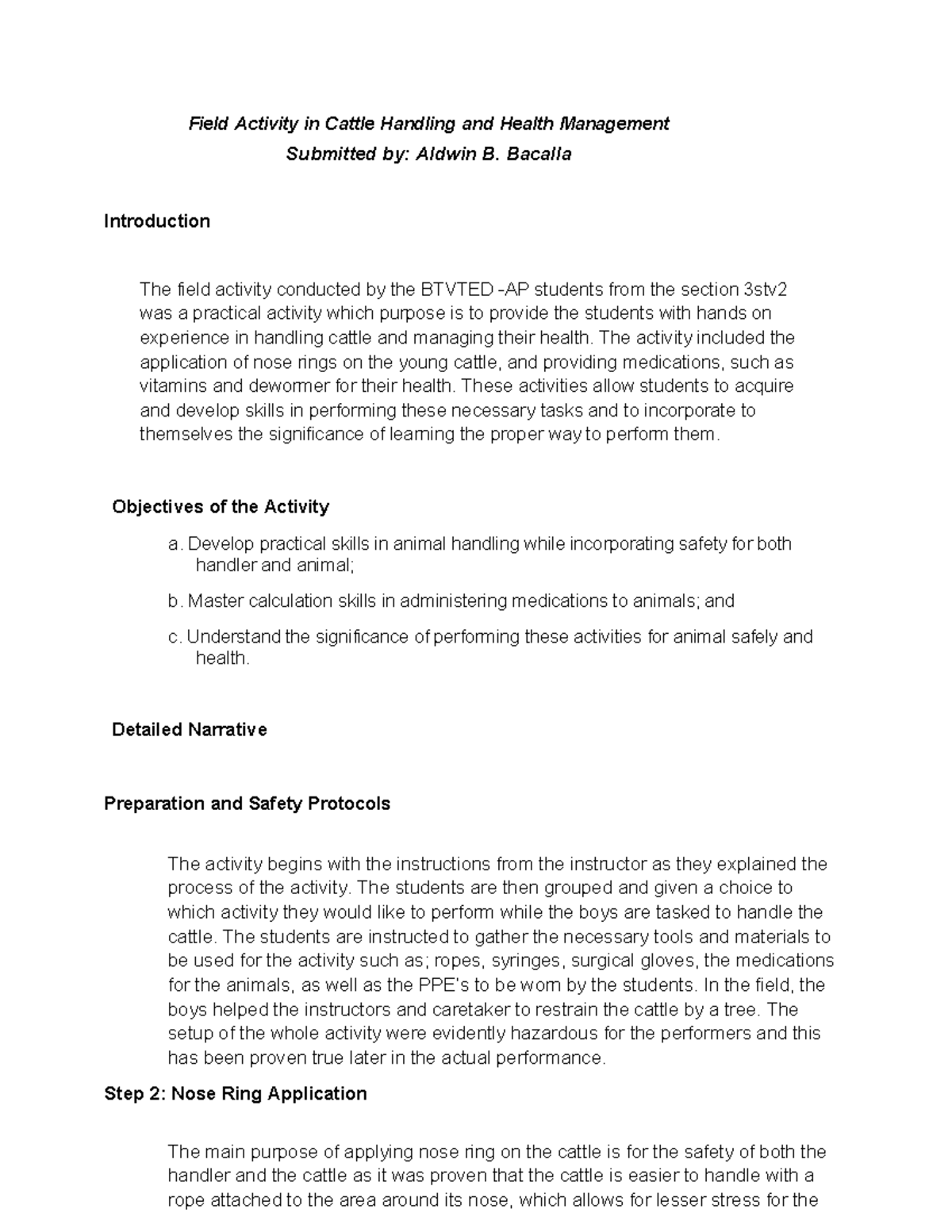 Narrative Report on Field Activity in Cattle Handling & Health (BTVTED ...