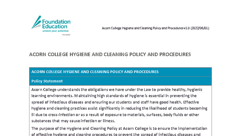 Acorn College Hygiene & Cleaning Policy v1.0: Procedures & Guidelines ...