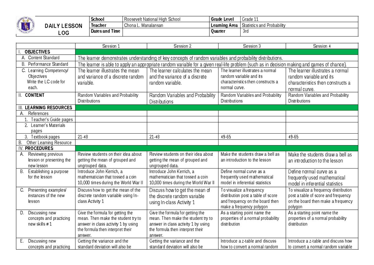 DLL Statistics 11 - Week 3 Lesson Plan on Random Variables - Studocu