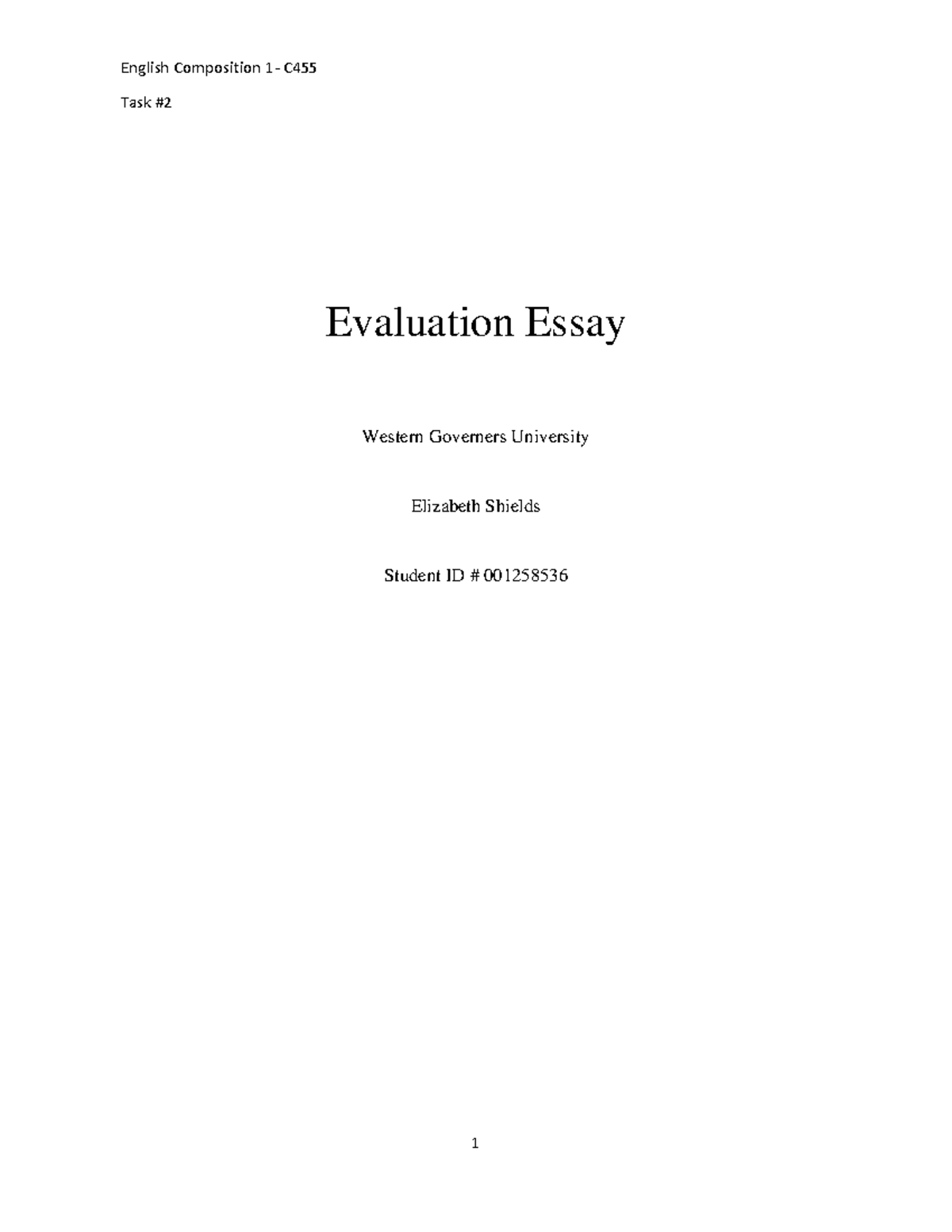Task 2 English Comp C455 - Task # Evaluation Essay Western Governers ...