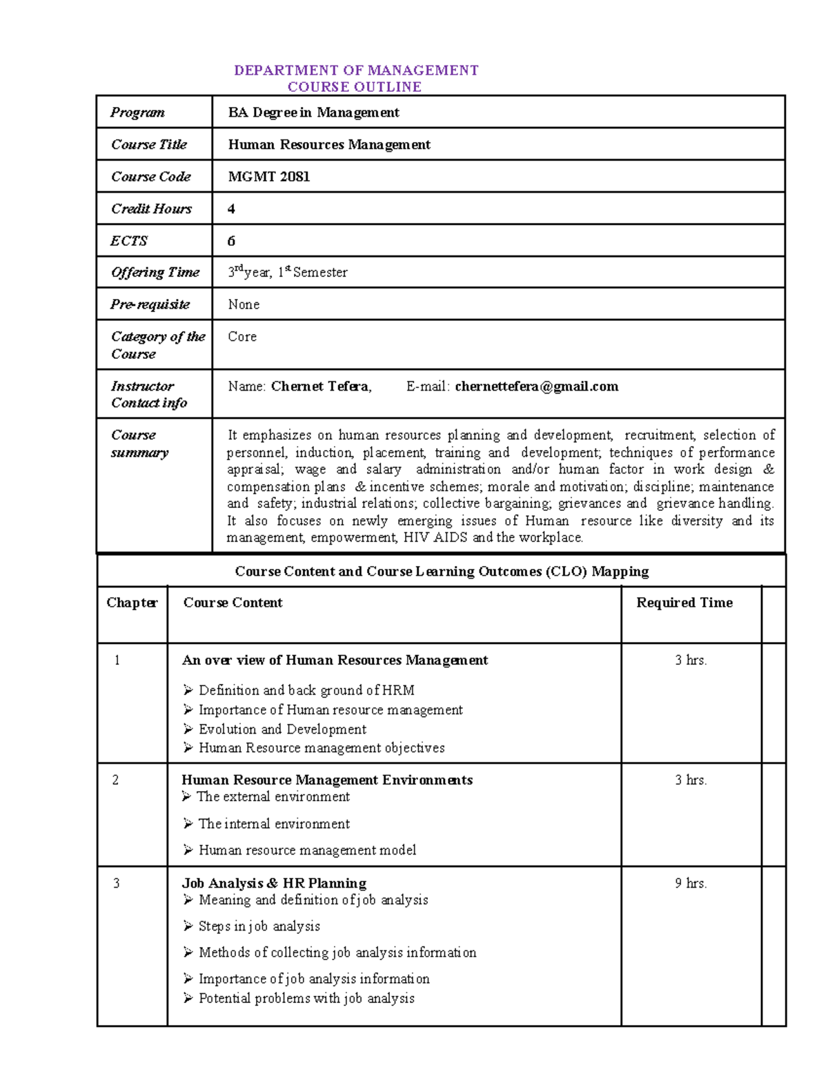 MGMT 2081 Course Outline - Human Resource Management Overview - Studocu