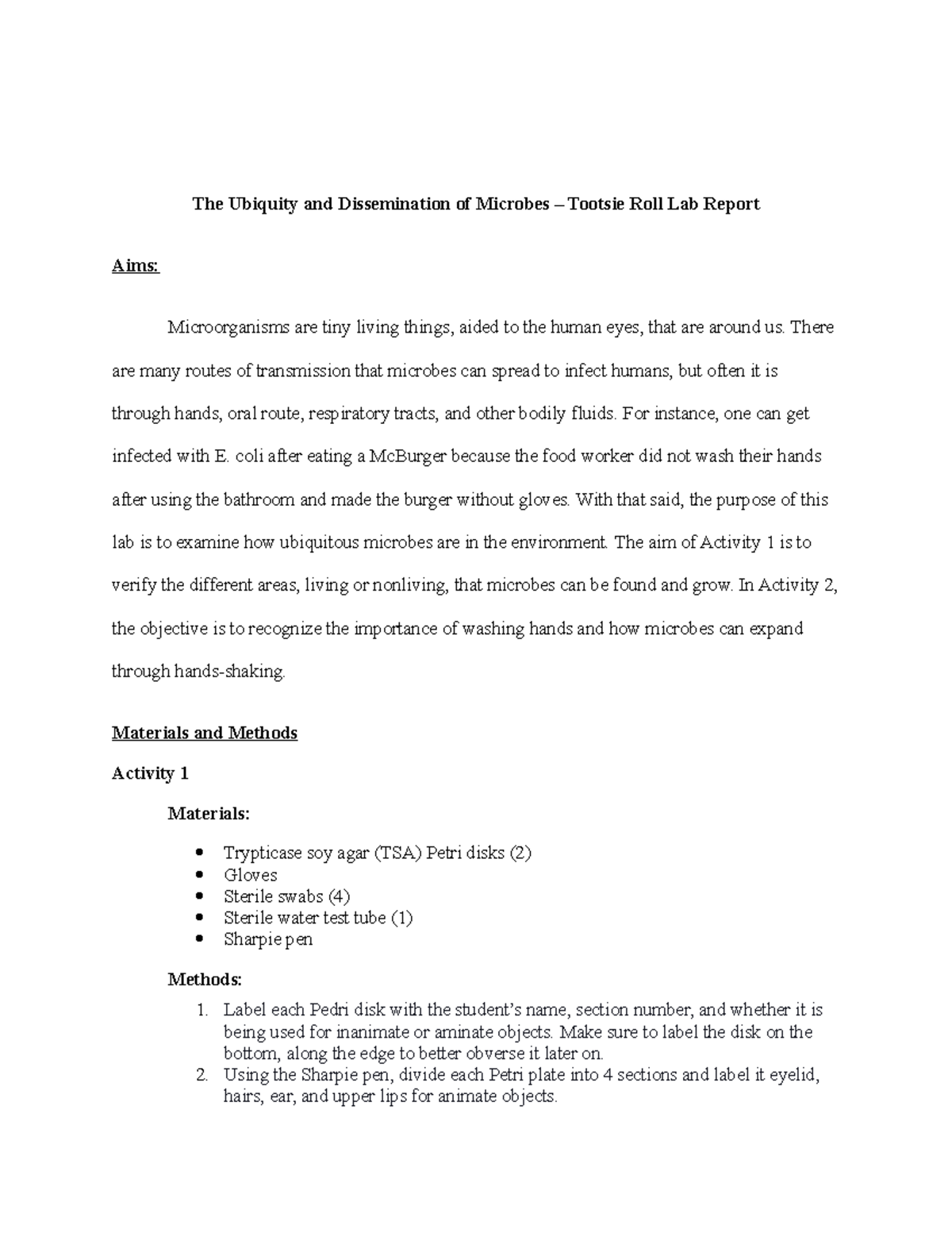 Microbes Ubiquity Lab Report - Lab Activity Analysis and Findings - Studocu