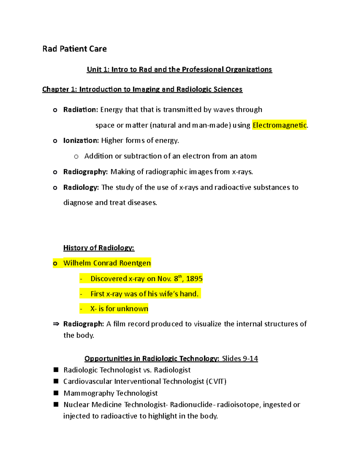 Unit 1 Lecture Notes - Intro to Radiology Technology Program - Studocu