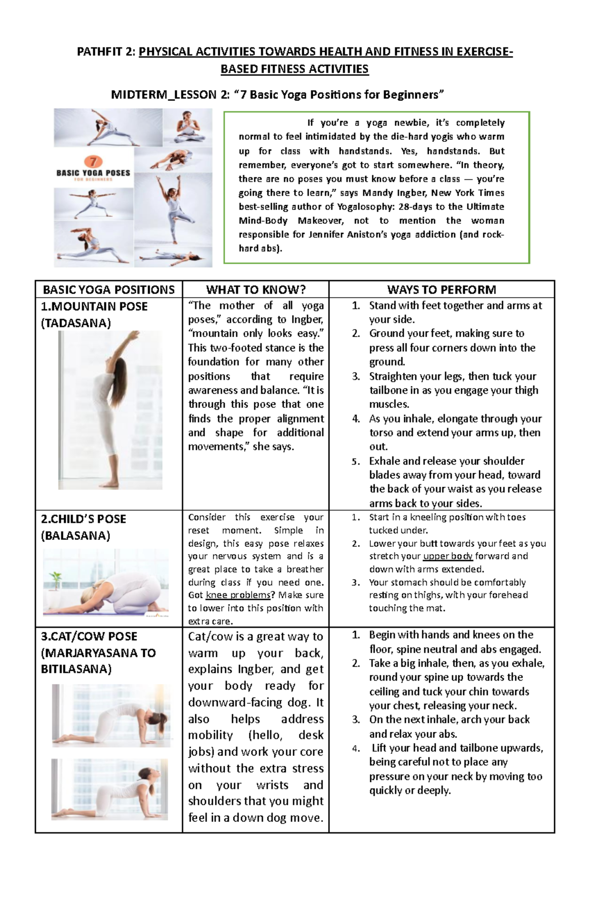 PATHFIT 2: MIDTERM LESSON 2 - 7 Basic Yoga Poses & Core Stability ...